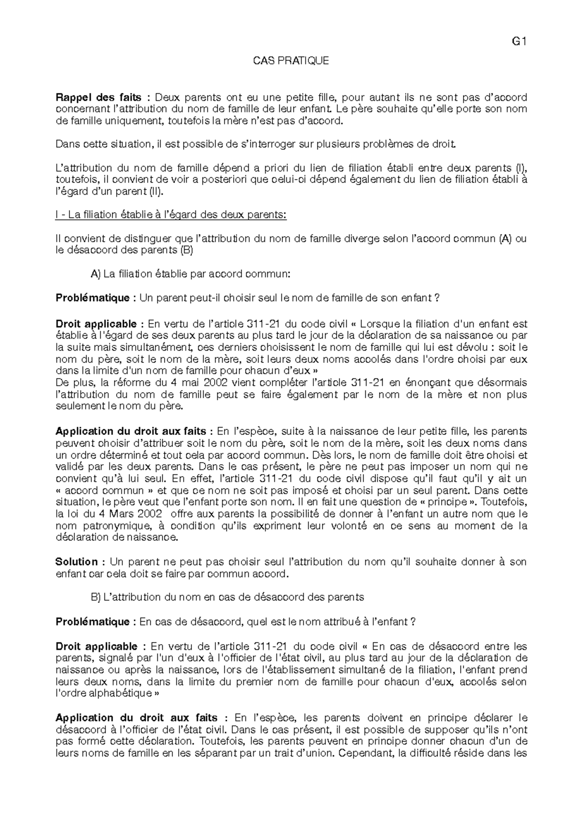 Cas pratique td 9 pdf - G CAS PRATIQUE Rappel des faits : Deux parents ont eu une petite fille ...