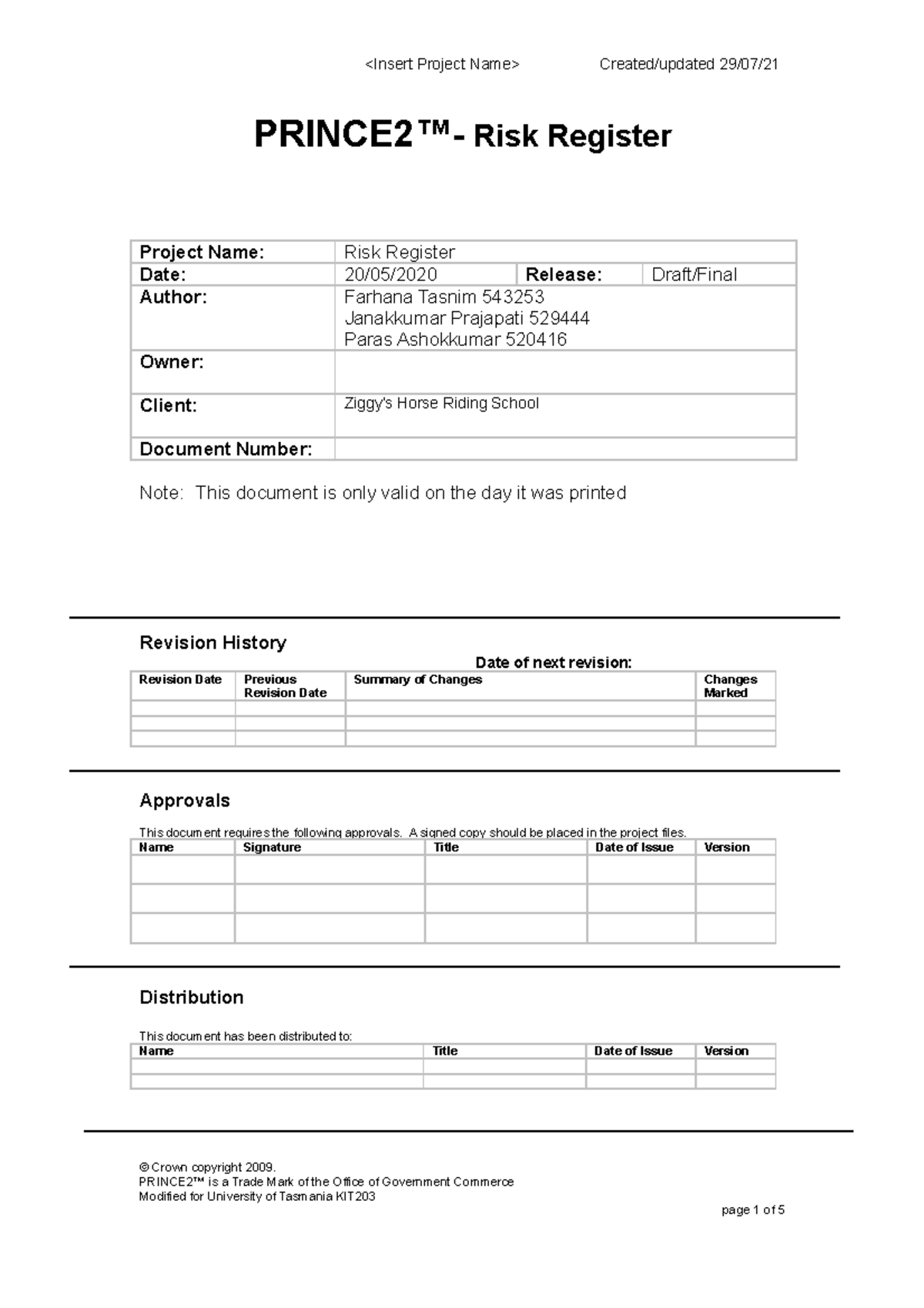 Risk Register Group 198 - PRINCE2™- Risk Register Project Name: Risk ...
