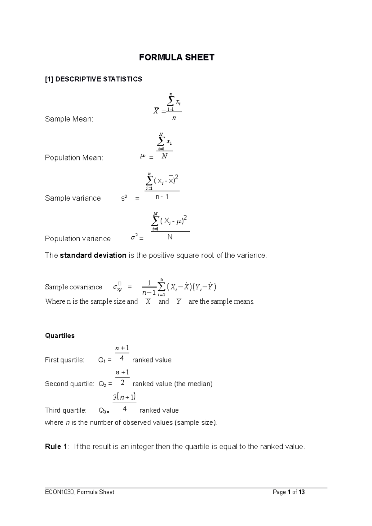 Formula Sheet Exam FORMULA SHEET 1 DESCRIPTIVE STATISTICS N X I X I