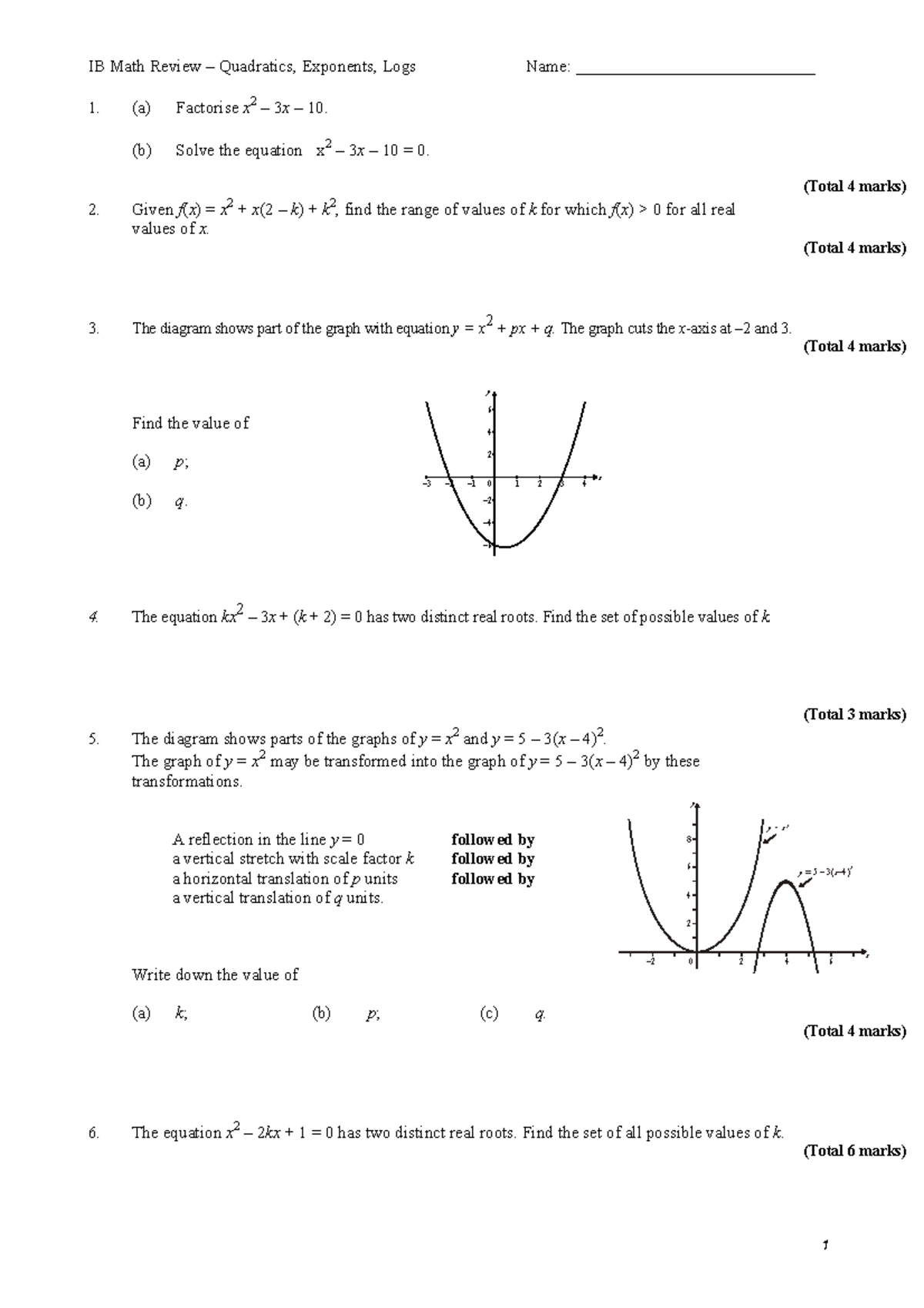 Review - Quadratics Exponents Logs - 1. (a) Factorise x 2 – 3 x – 10 ...