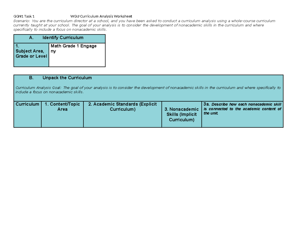 WGU Curriculum Analysis Worksheet AZ task 1 - Scenario: You are the ...