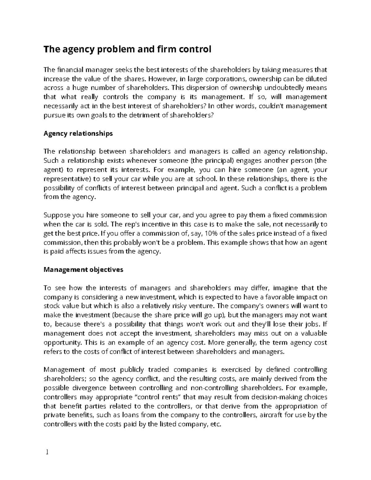 Aspects of the company's control. - The agency problem and firm control ...