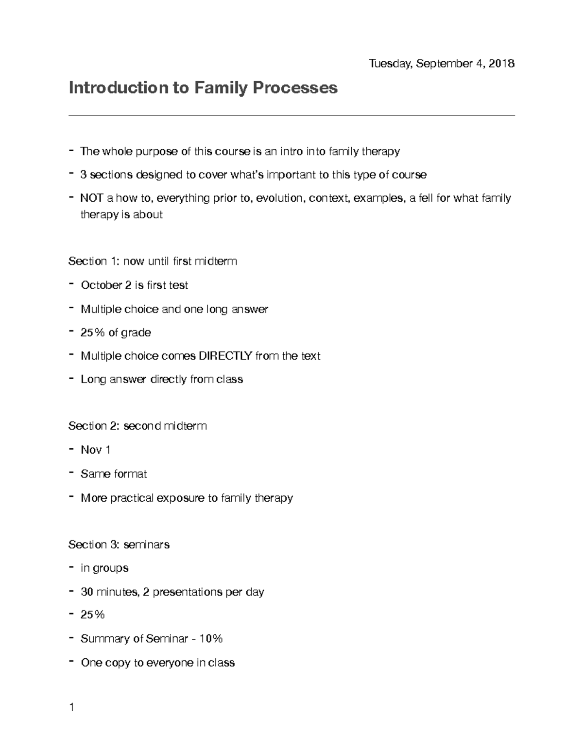 Introduction to Family Processes Lecture notes - Tuesday, September 4 ...