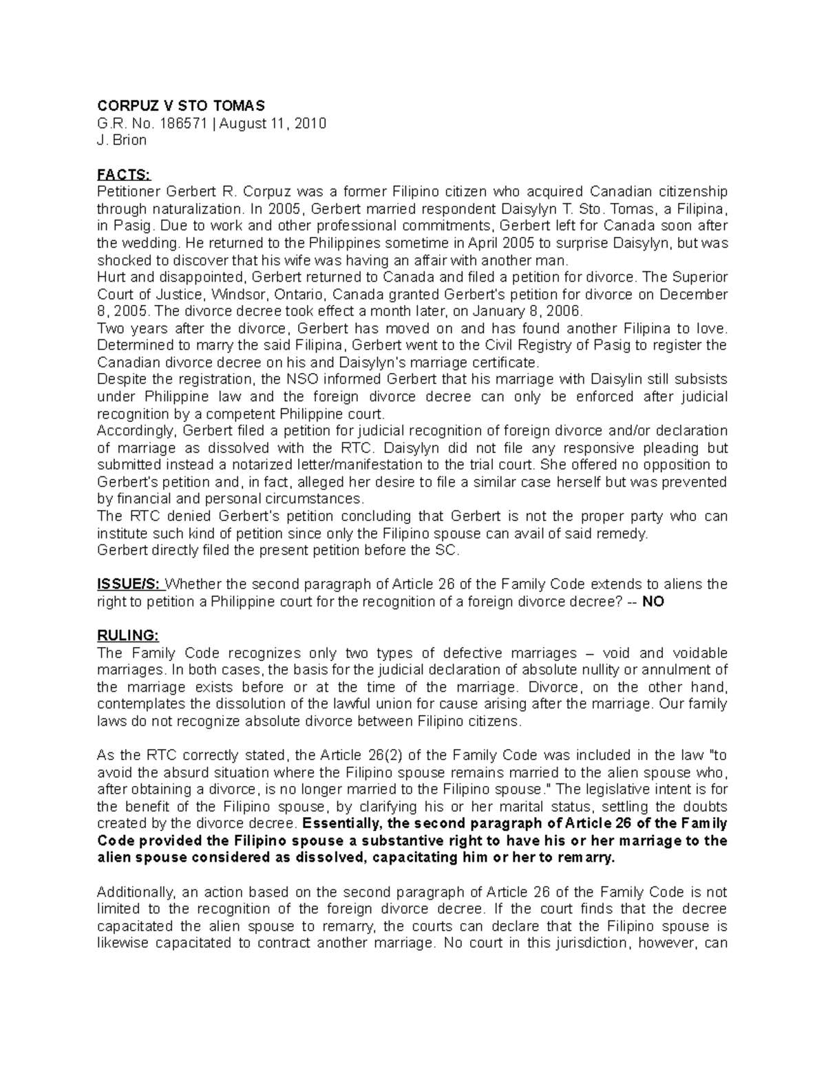 Corpuz v Sto Tomas - Summary Remedial Law Review I - CORPUZ V STO TOMAS ...