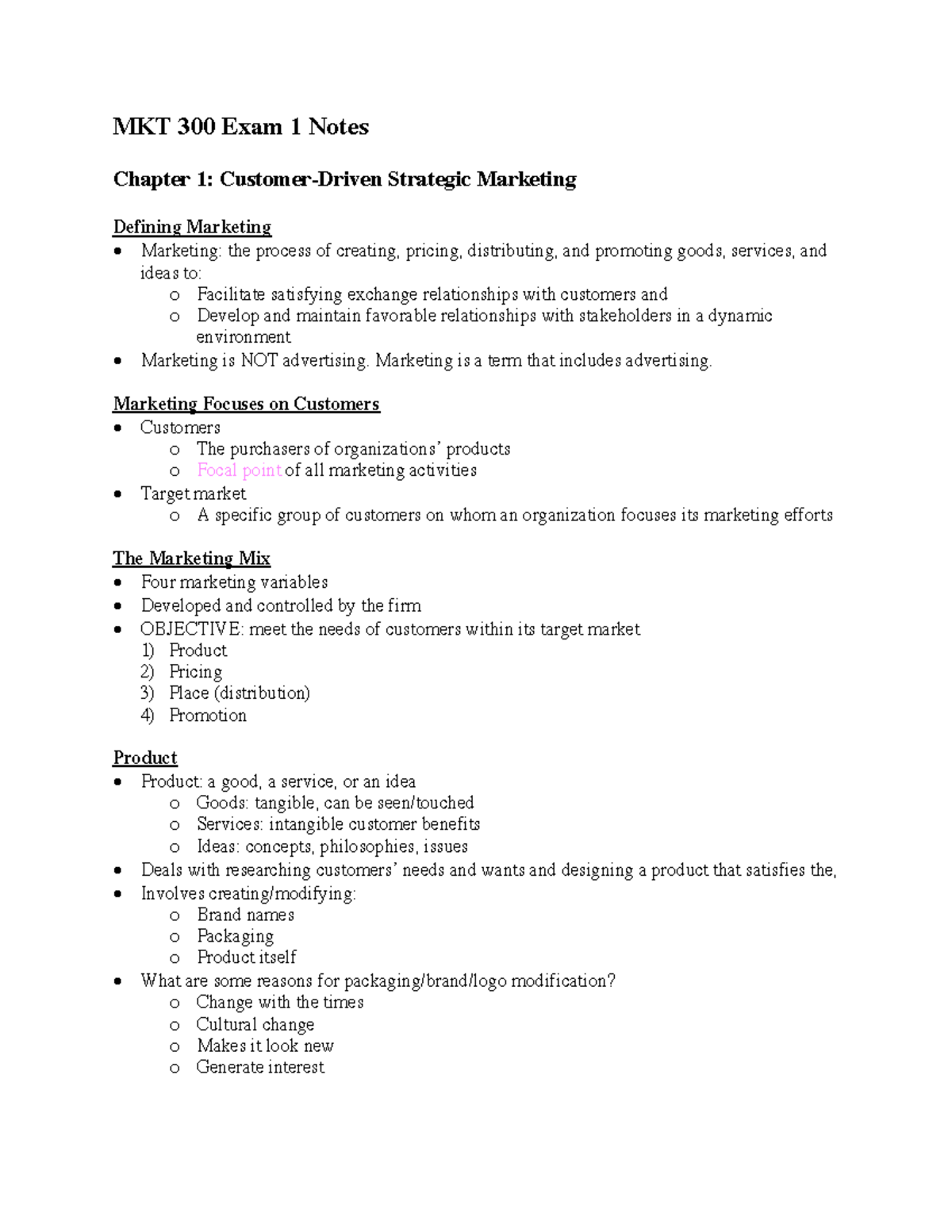 MKT 300 Exam 3 Lecture Notes - MKT 300 Exam 1 Notes Chapter 1: Customer ...