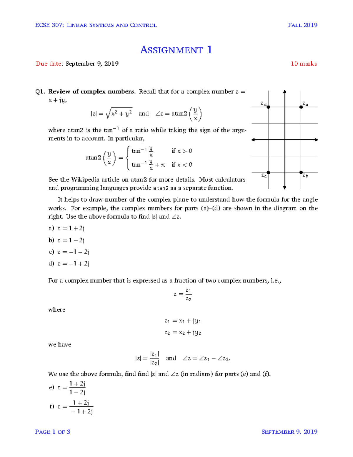 01-q - ECSE - ECSE 307: Linear Systems and Control Fall 2019 Page 1 of 3 September 9, 2019 - Studocu