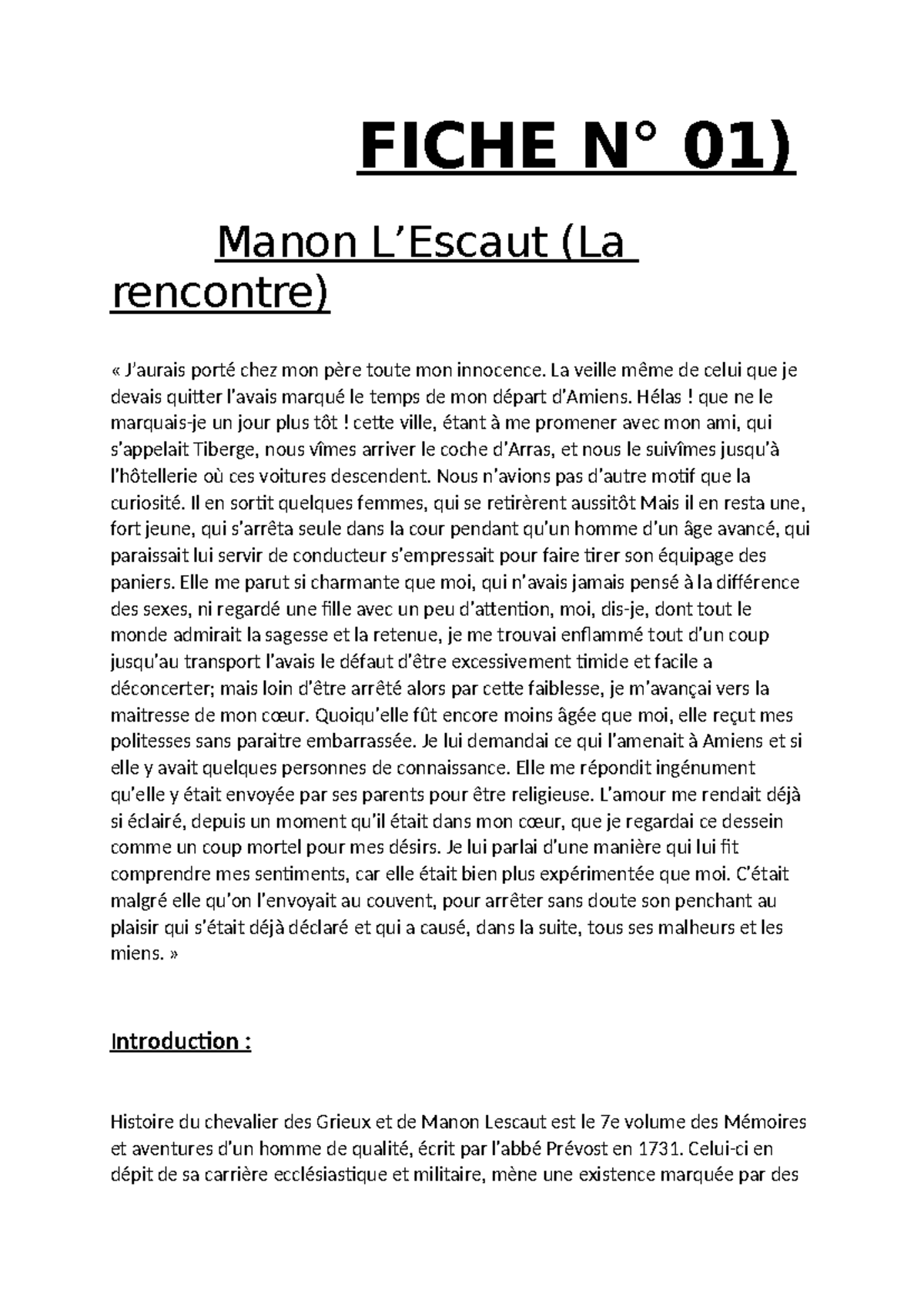 Manon lescaut fiche du bac - FICHE N° 01) Manon L’Escaut (La rencontre) « J’aurais porté chez ...