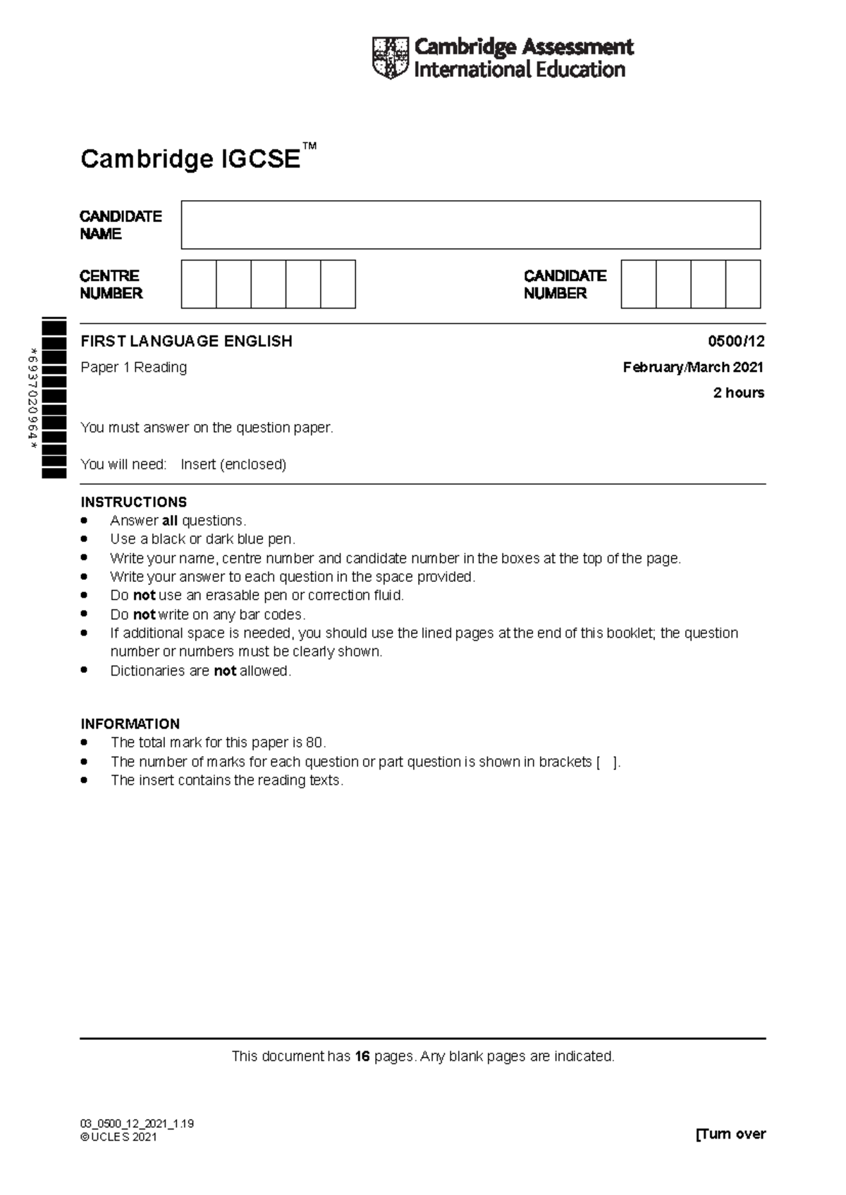0500 2021 paper - Cambridge IGCSE™ FIRST LANGUAGE ENGLISH 0500/ Paper 1 ...