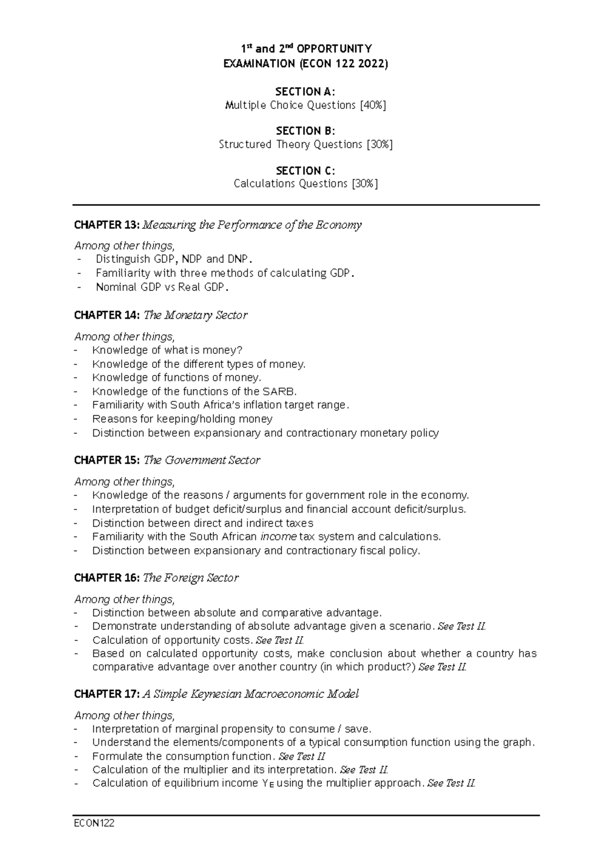 1st and 2nd Opp Exam Scope ECON 122 - 1 st and 2nd OPPORTUNITY ...