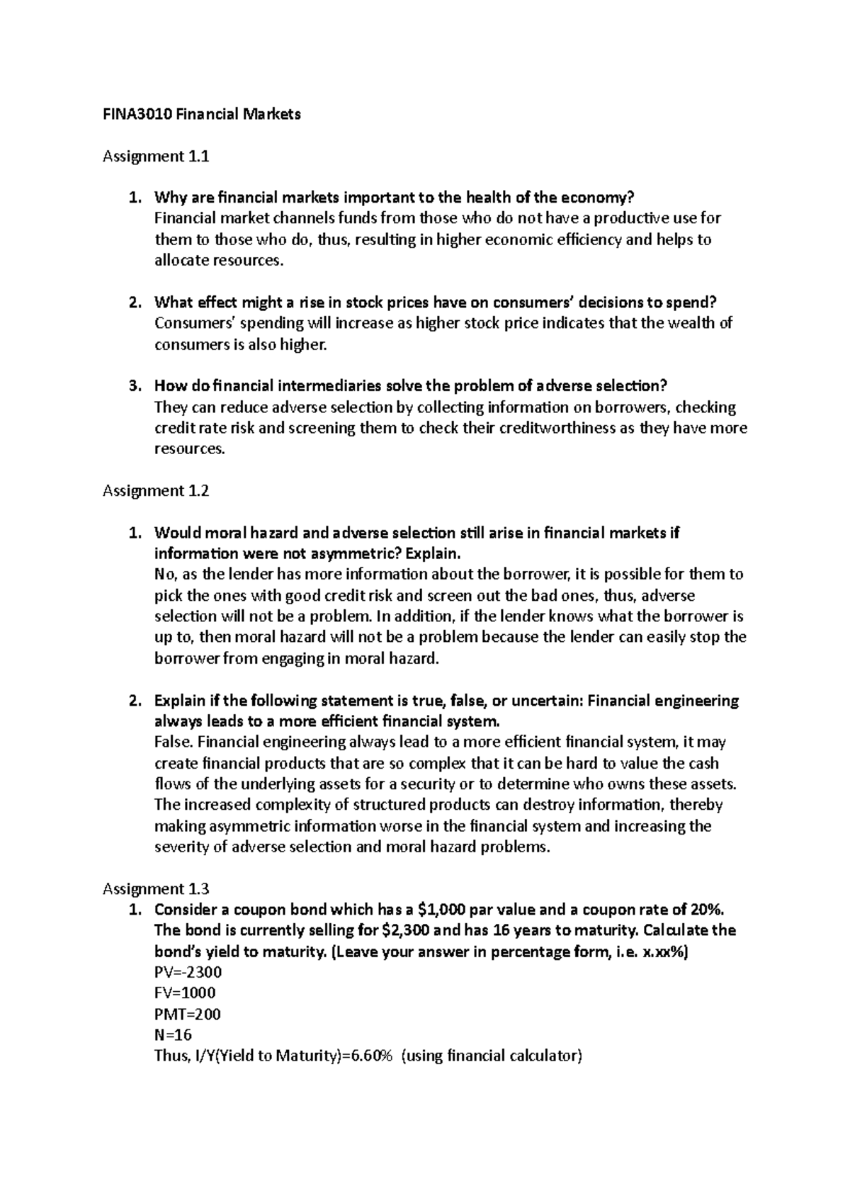 FINA 3010 Assignment 1 - FINA3010 Financial Markets Assignment 1 1. Why ...