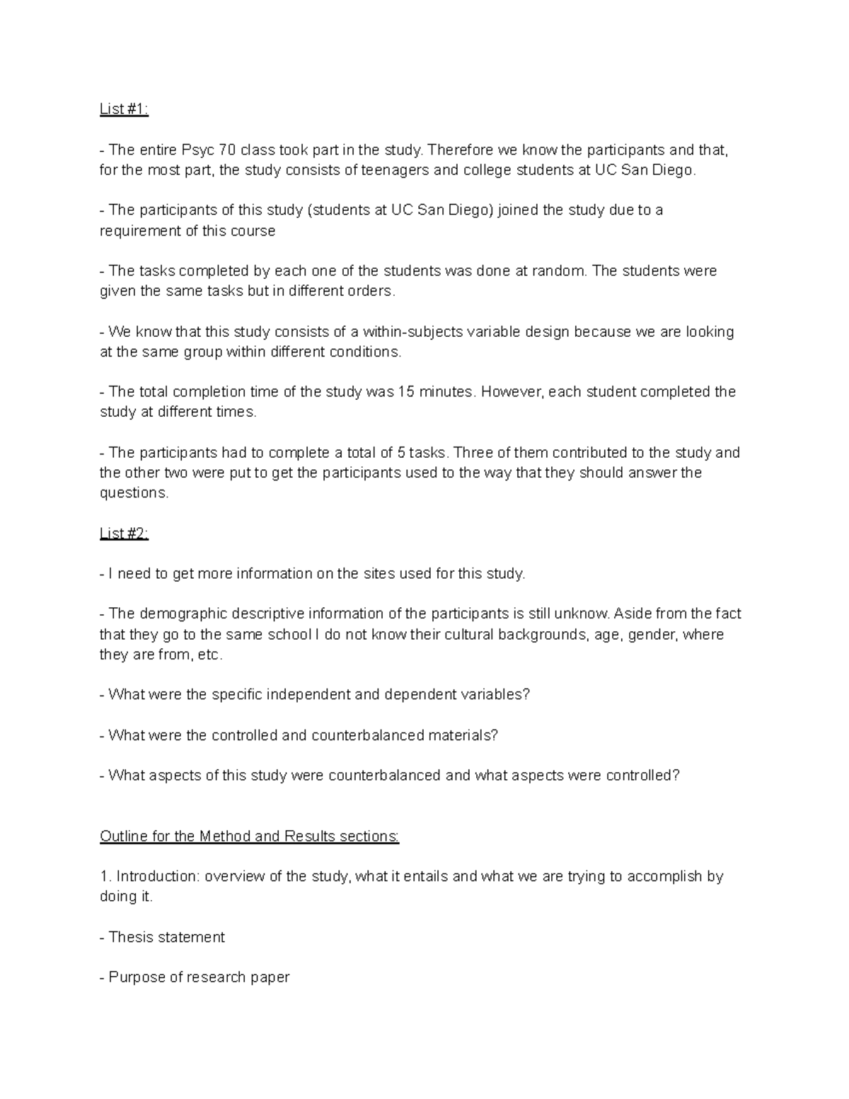 Method section- psyc 70 - List #1: The entire Psyc 70 class took part ...