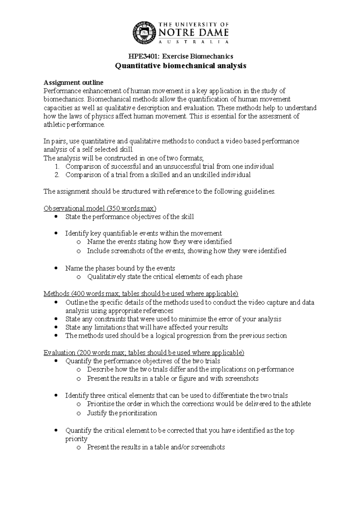 HLTH3401 Quantitative analysis outline - HPE3401: Exercise Biomechanics ...