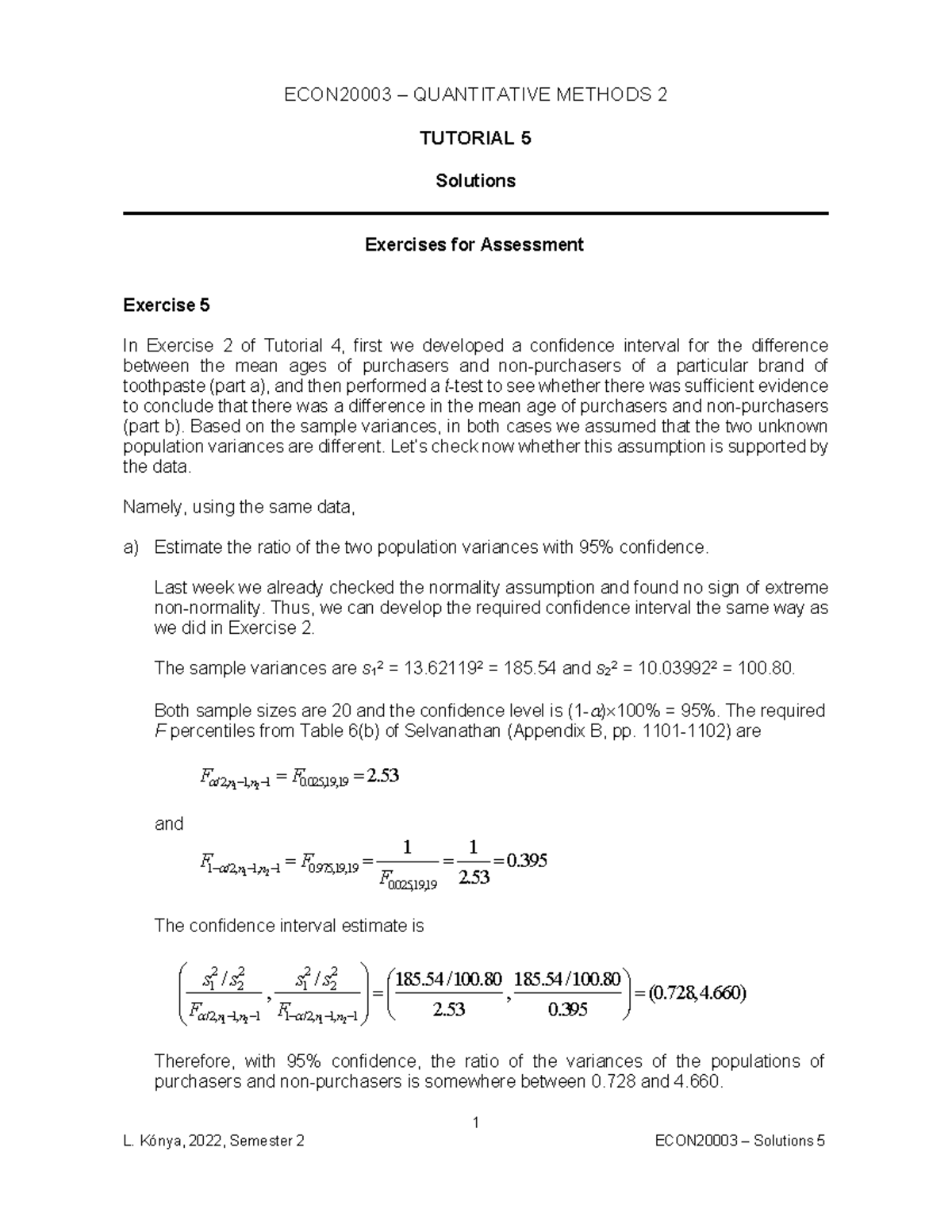 Tutorial 5 solutions - 1 ECON20003 ñ QUANTITATIVE METHODS 2 TUTORIAL 5 Solutions Exercises for ...