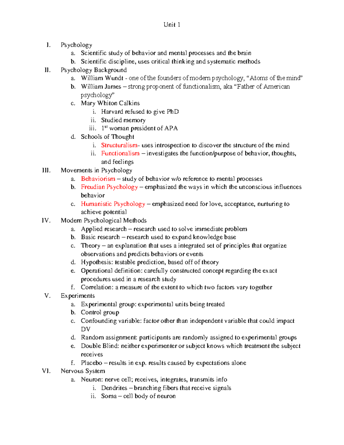 Unit 1 Notes - I. Psychology a. Scientific study of behavior and mental ...