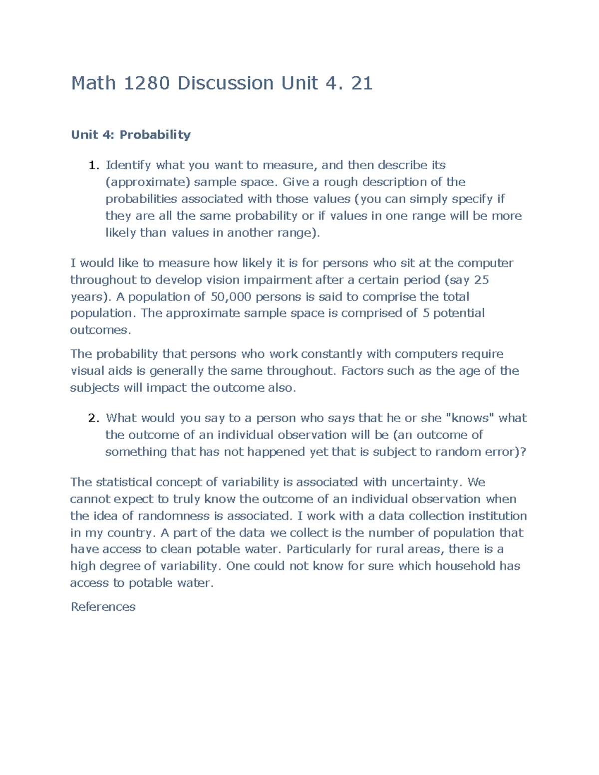 Math 1280 Discussion Unit 4. 21 - Math 1280 Discussion Unit 4. 21 Unit 4: Probability Identify ...