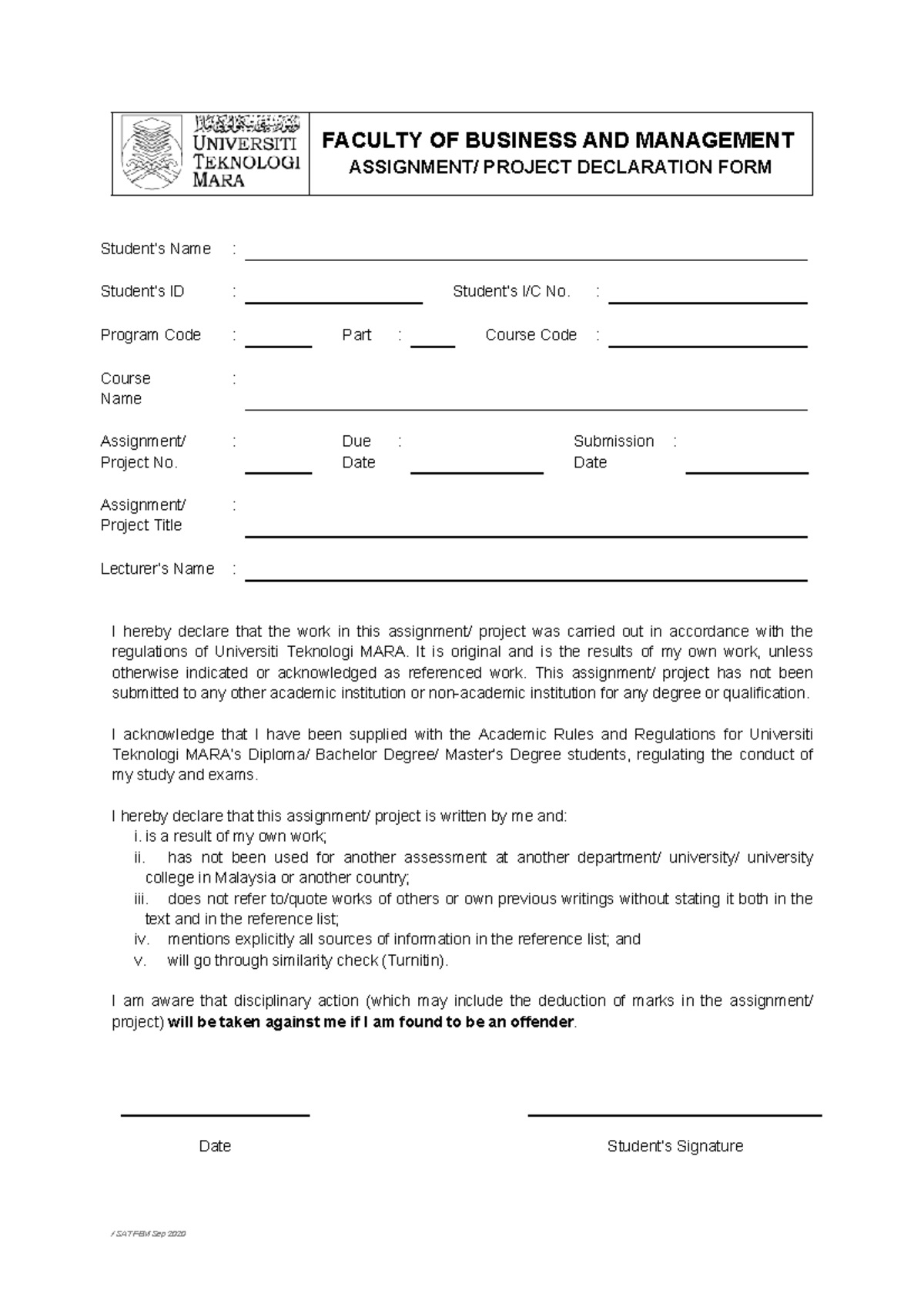 Declaration form - / SAT FBM Sep 2020 FACULTY OF BUSINESS AND ...