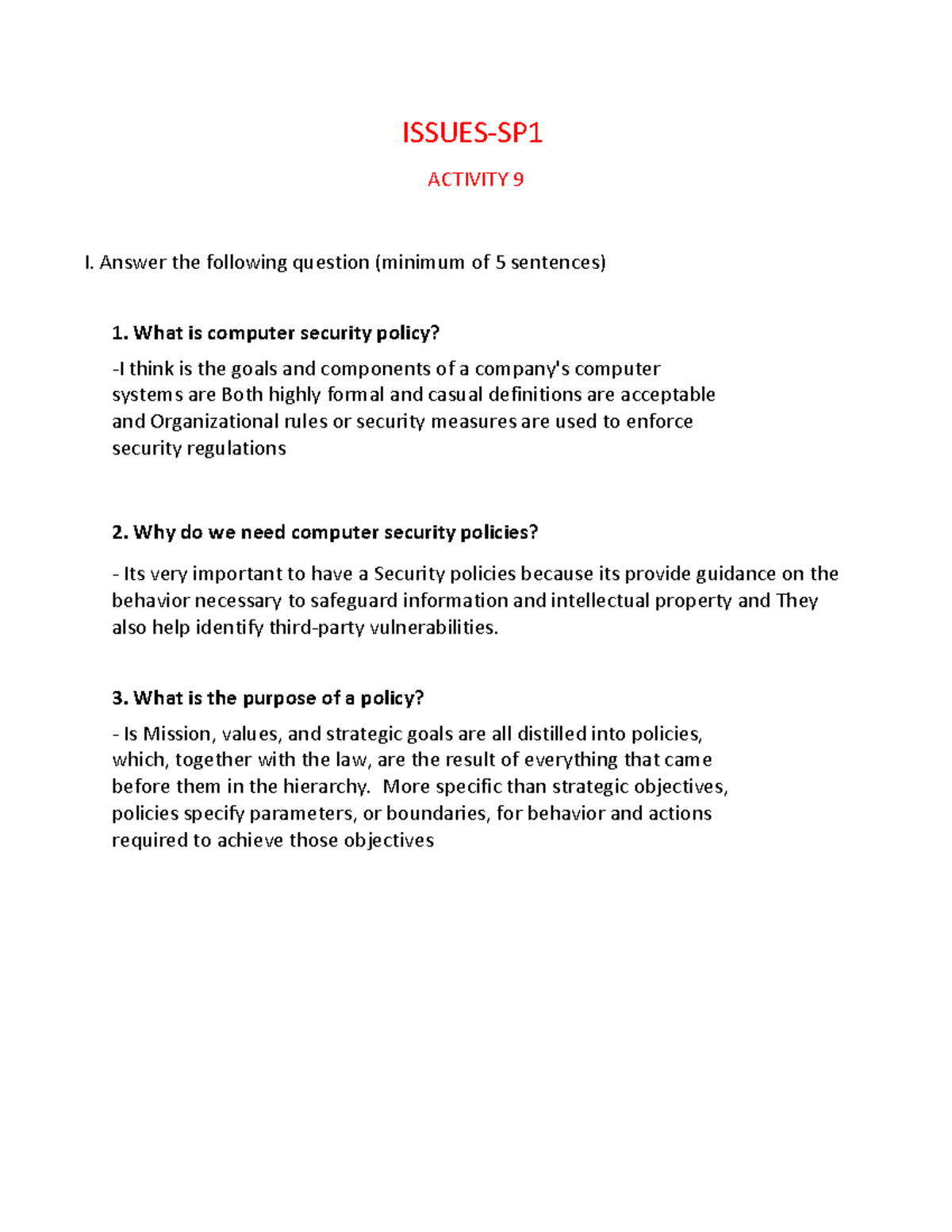 Activity 9 SP1 - sadasd - ISSUES-SP ACTIVITY 9 I. Answer the following ...