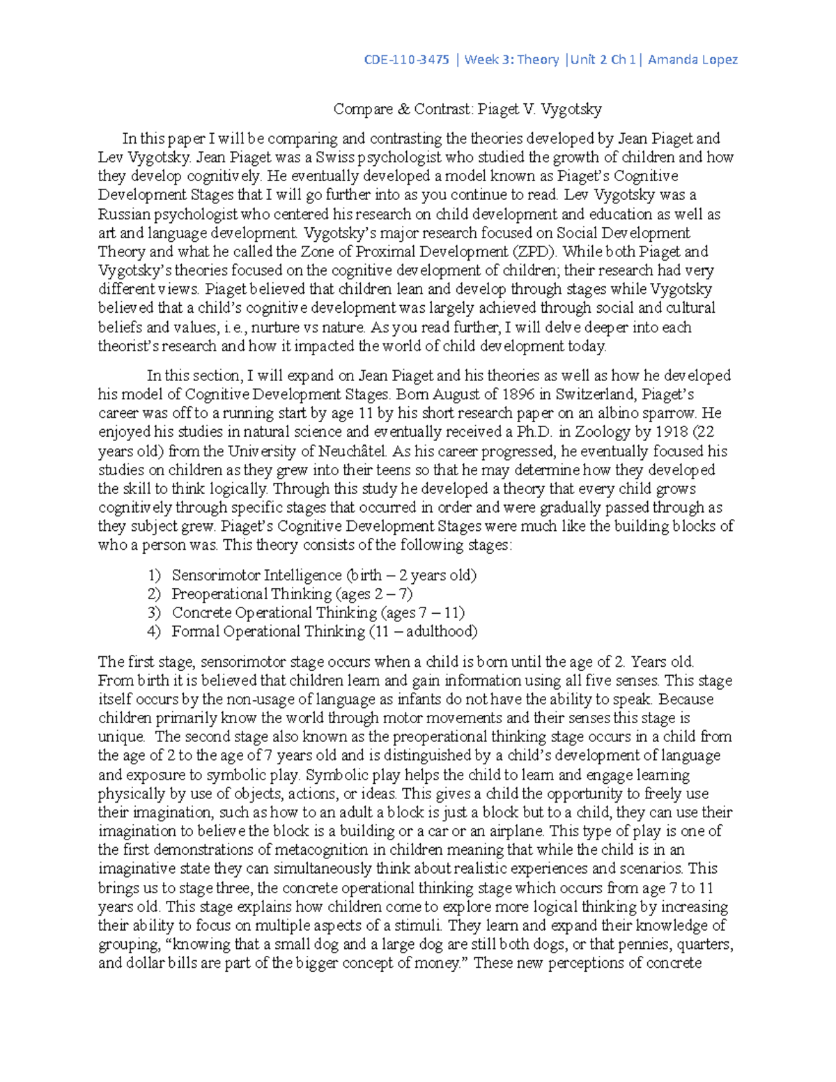 W3 Compare & Contrast Essay Child Development CDE-118 - CDE-110-3475 ...