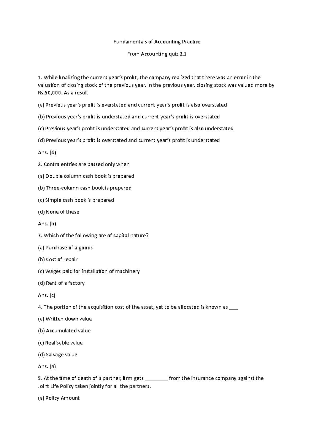 Fundamentals of Accounting Practice From Accounting quiz 2.1 - While ...