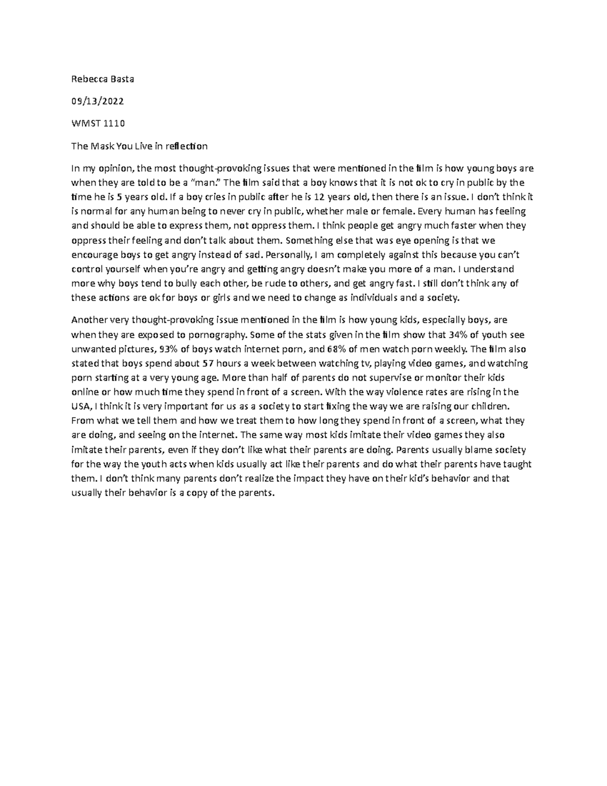 The Mask You Live in reflection - Rebecca Basta 09/13/ WMST 1110 The ...