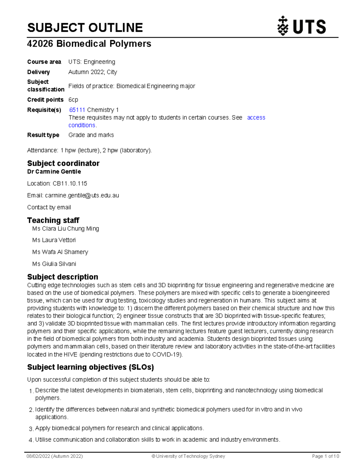 42026 Biomedical Polymers Subject Outline - SUBJECT OUTLINE 42026 ...