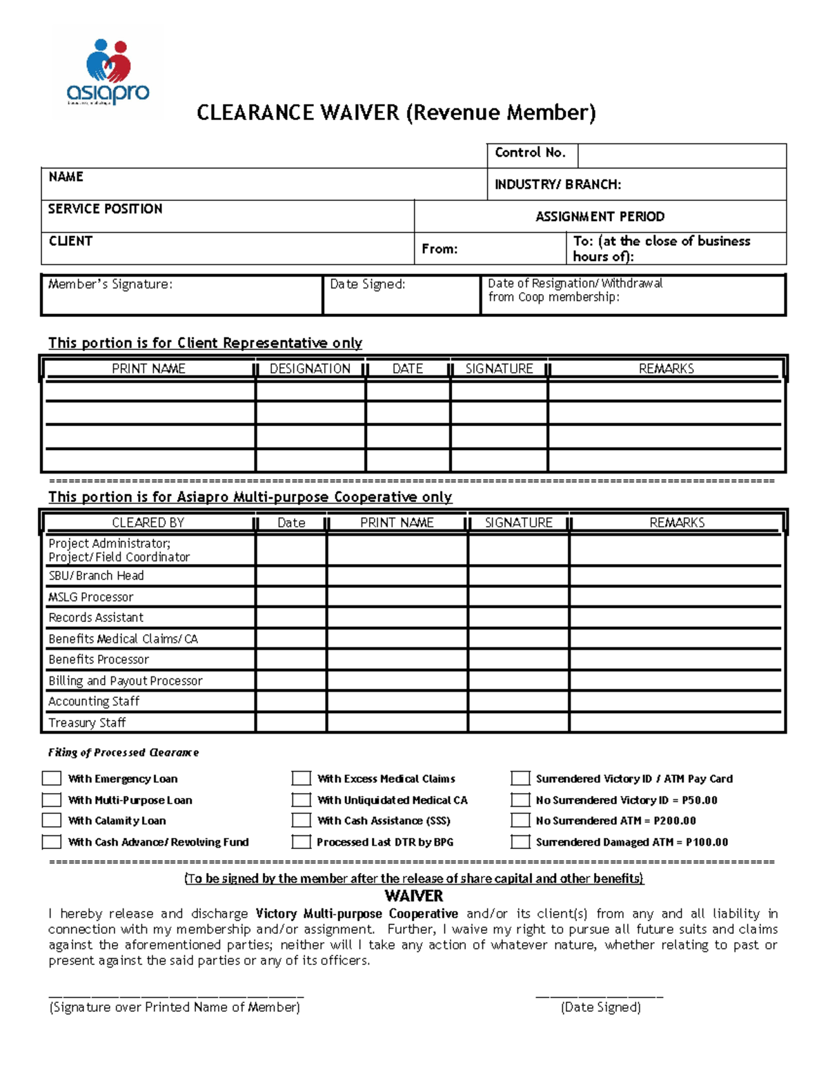 Clearance-Form-AP - CLEARANCE WAIVER (Revenue Member) Control No. NAME INDUSTRY/ BRANCH: SERVICE ...