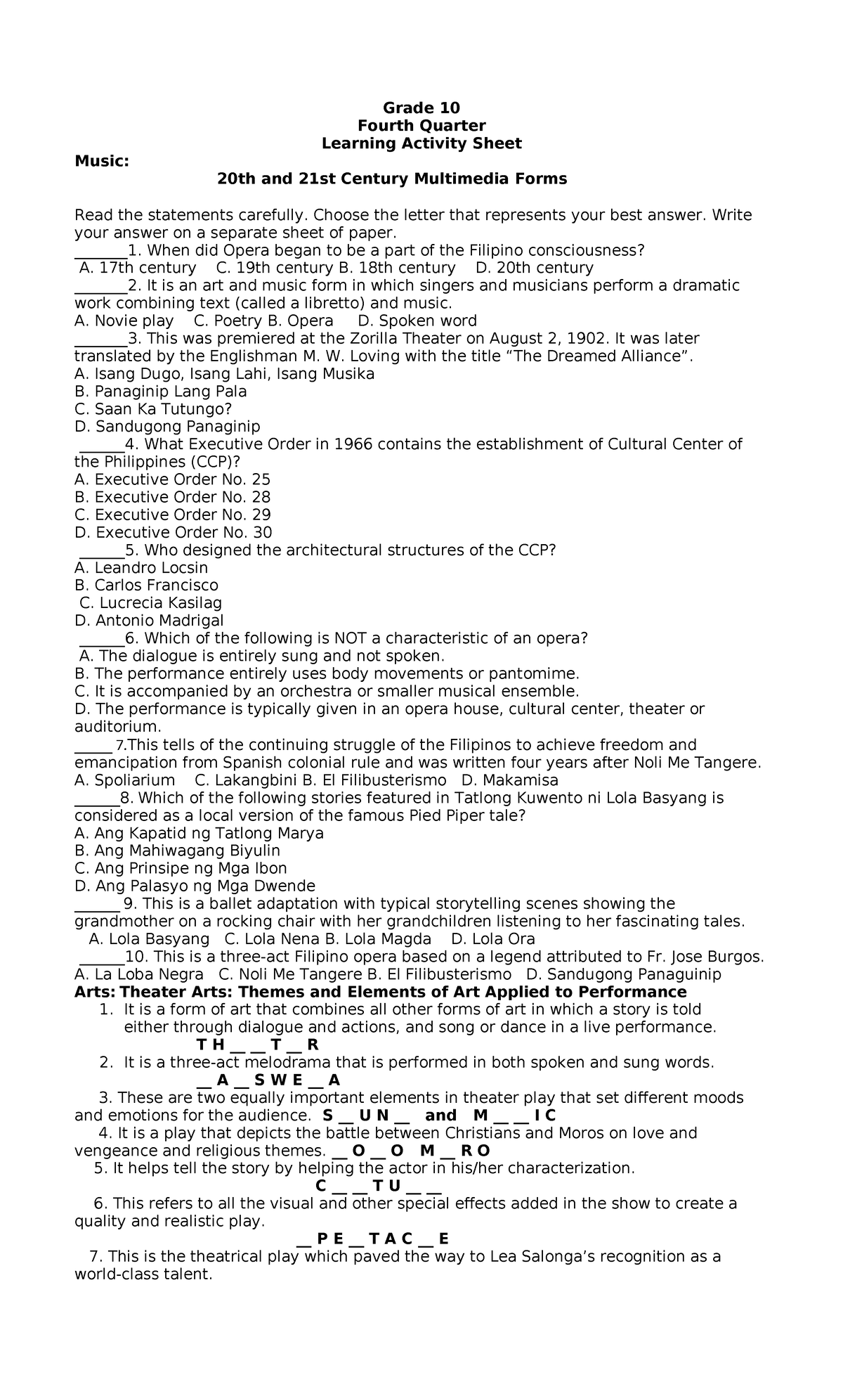 Grade 10 la - Learning Activity Sheet - Grade 10 Fourth Quarter ...