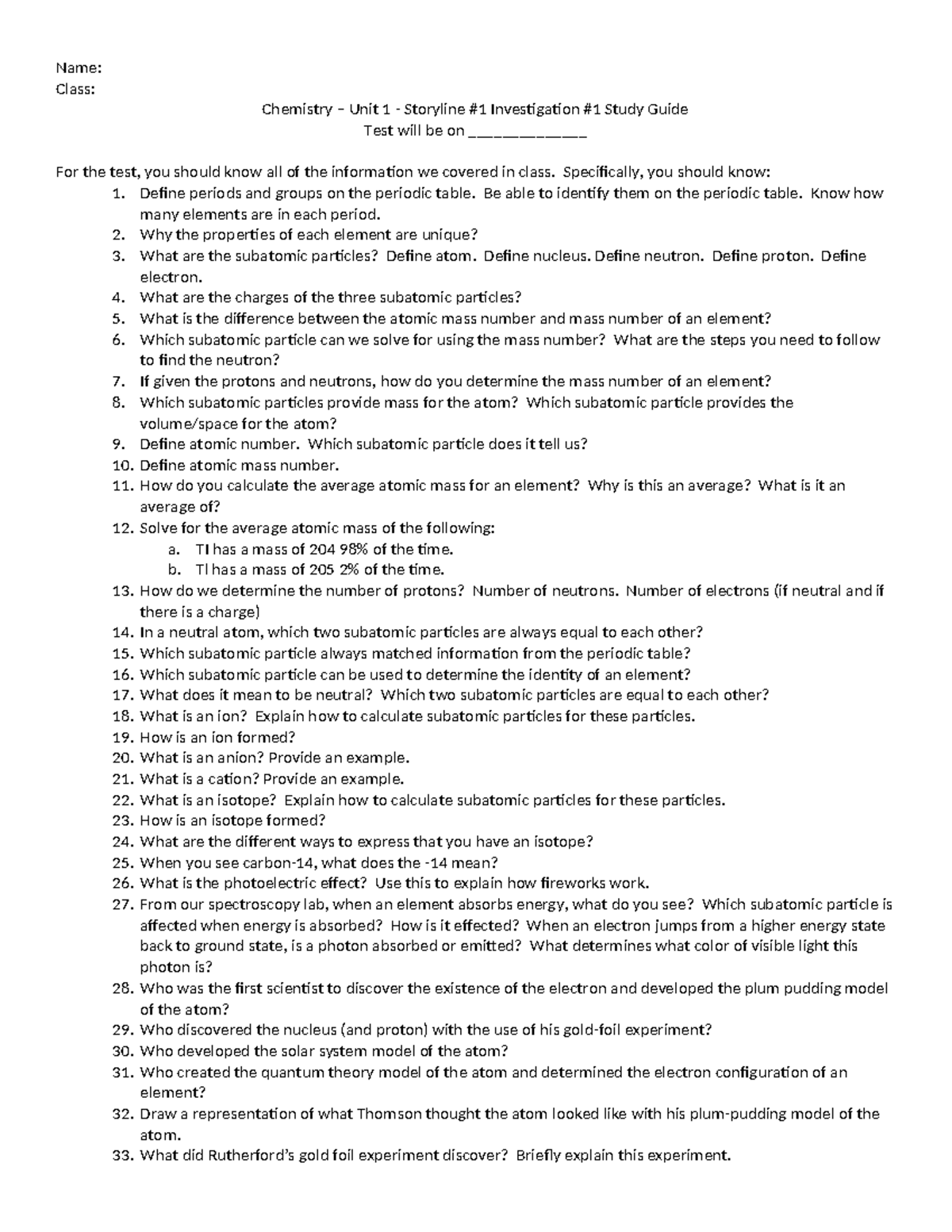 Chemistry - study guide for storyline #1 - Name: Class: Chemistry ...