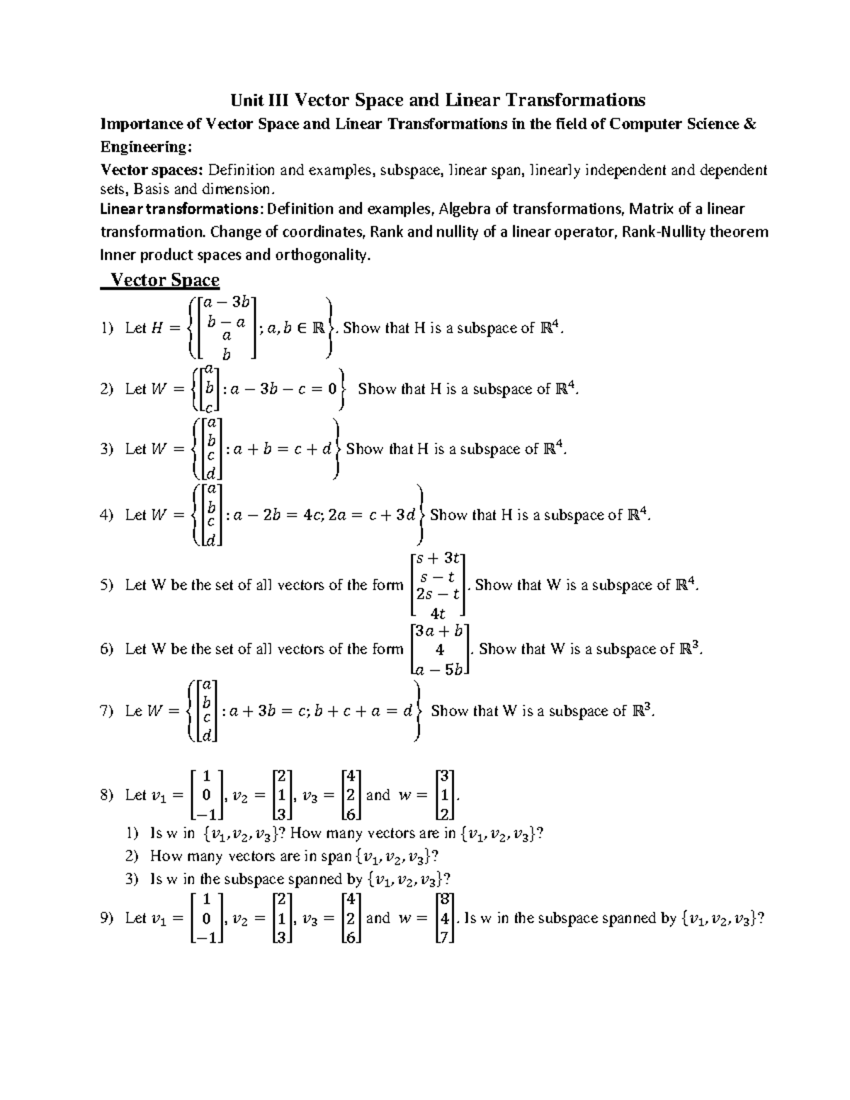 Unit-III Vector Space Qesution bank Sem 2 for CSE - Unit III Vector Space and Linear ...