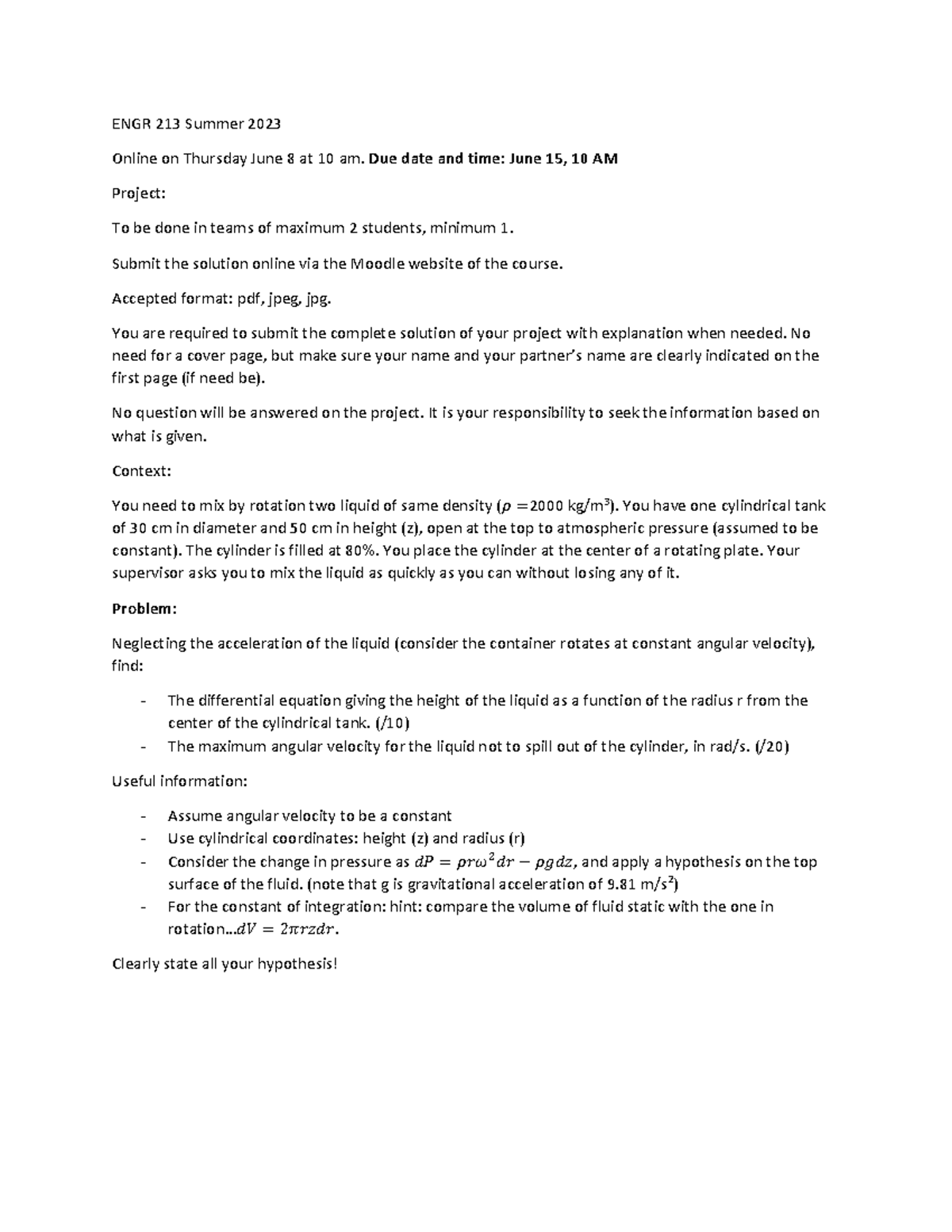 Project S 23 - N/A - ENGR 213 Summer 2023 Online on Thursday June 8 at 10 am. Due date and time ...