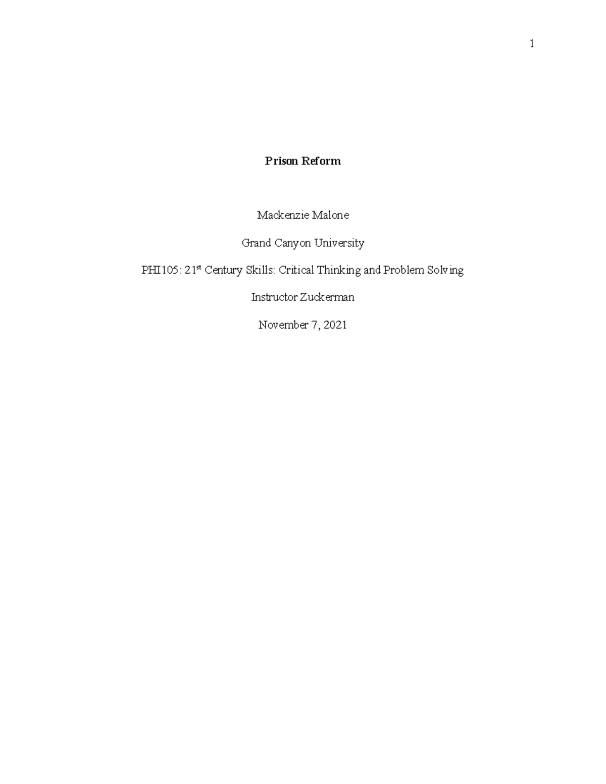 PHI105 First Draft (Prison Reform) - Prison Reform Mackenzie Malone ...