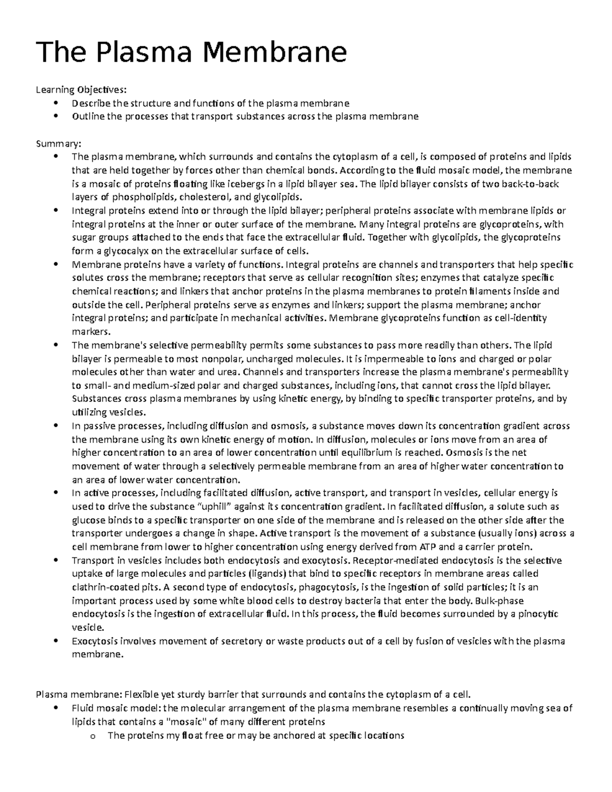 The Plasma Membrane - Lecture notes 1 - The Plasma Membrane Learning ...