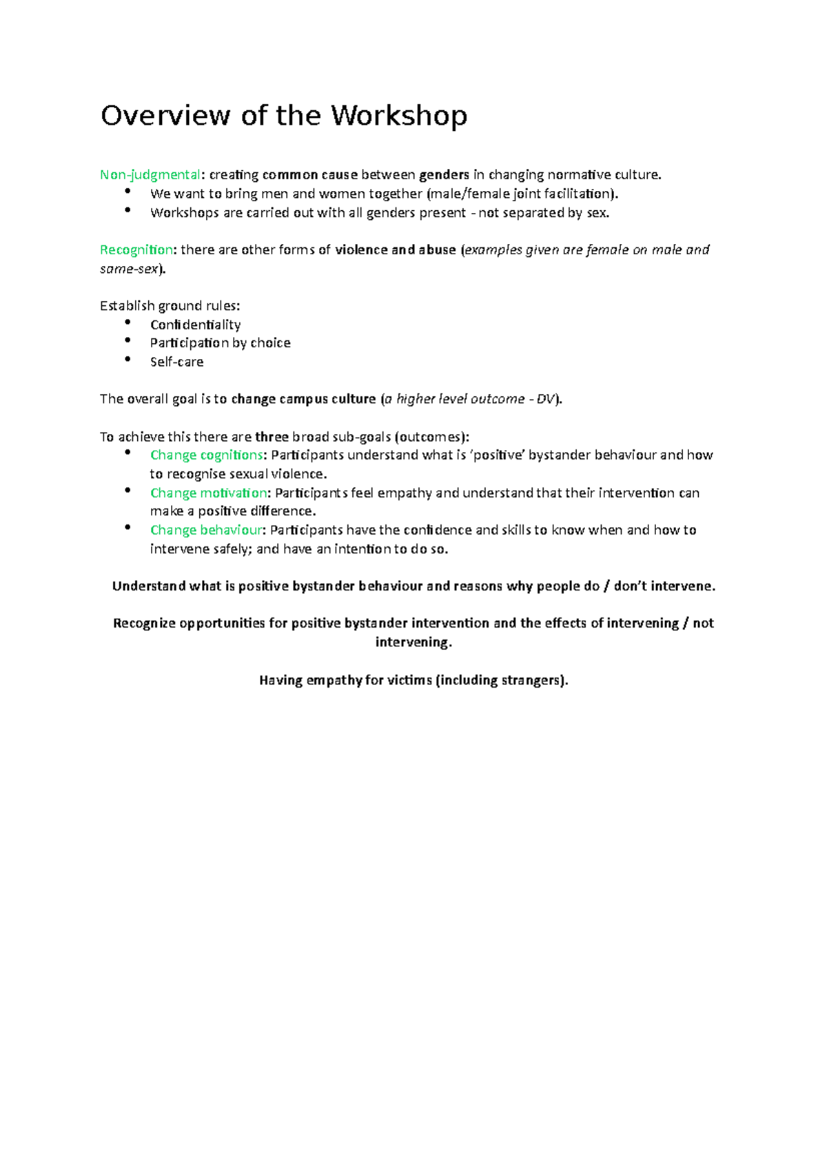 Overview of the Workshop - Overview of the Workshop Non-judgmental: creating common cause ...