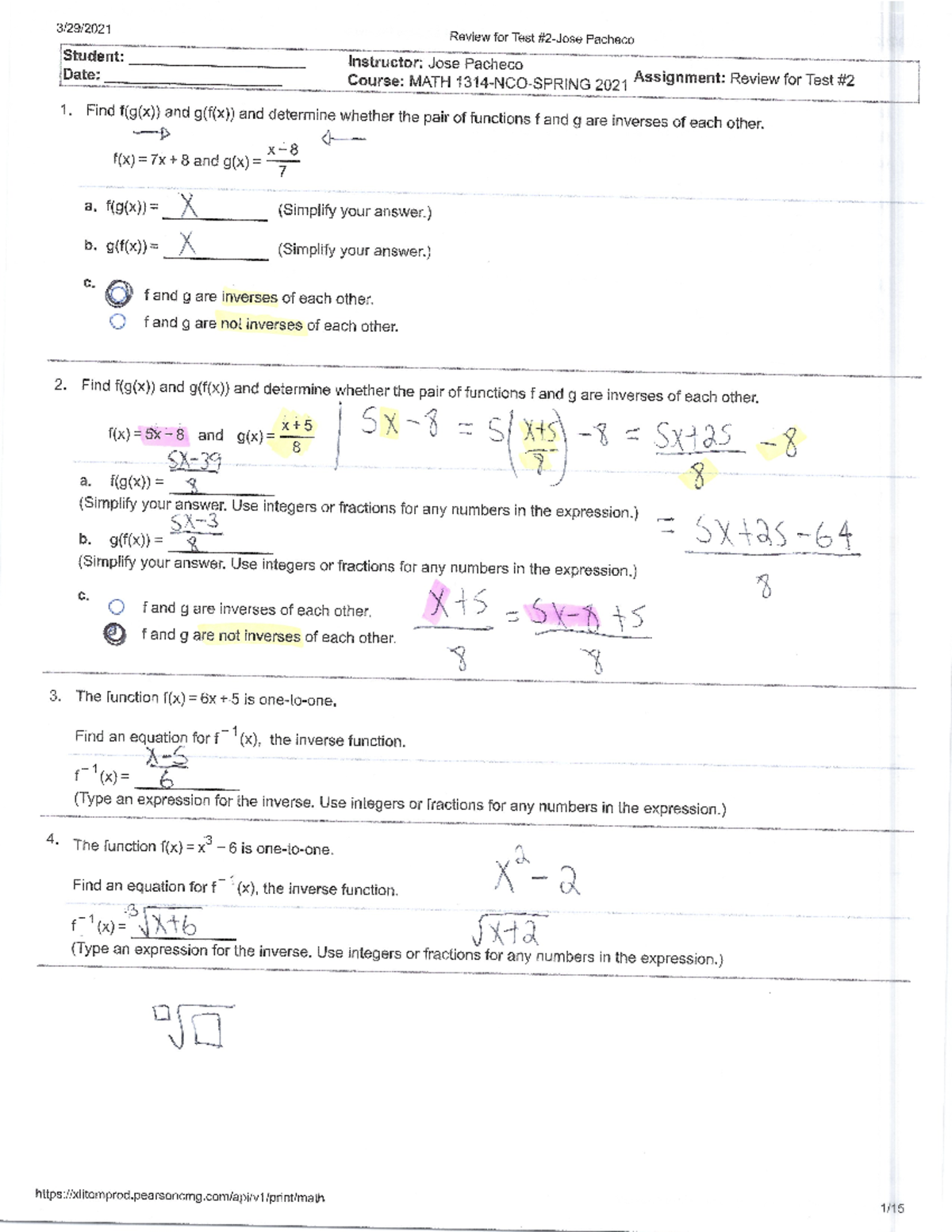 Math 1314-Review for Test #2 - Review for Test Pacheco Student ...