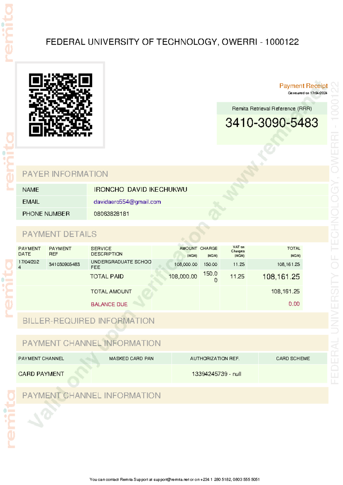 FUTO School Fees Receipt - FEDERAL UNIVERSITY OF TECHNOLOGY, OWERRI ...