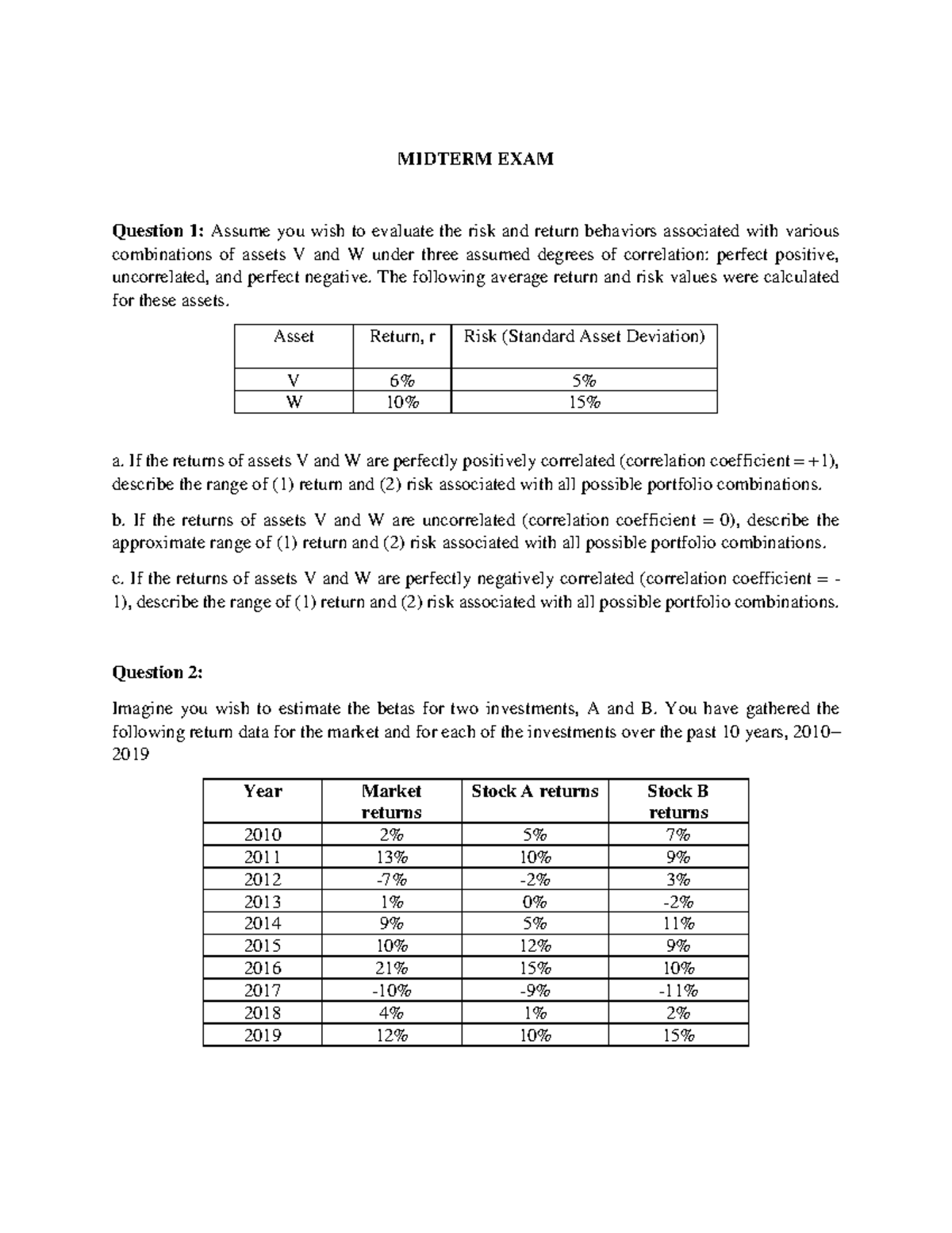 Midterm EXAM - MIDTERM EXAM Question 1: Assume you wish to evaluate the risk and return ...