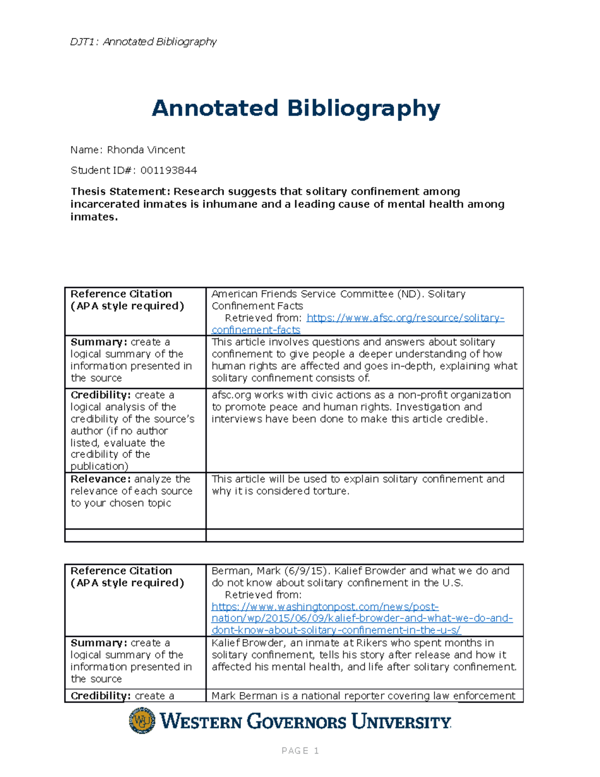 Annotated Bibliography Template - Annotated Bibliography Name: Rhonda ...
