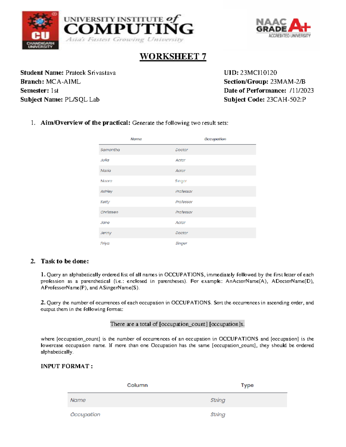 Worksheet-7 SQL - WORKSHEET 7 Student Name: Prateek Srivastava UID ...