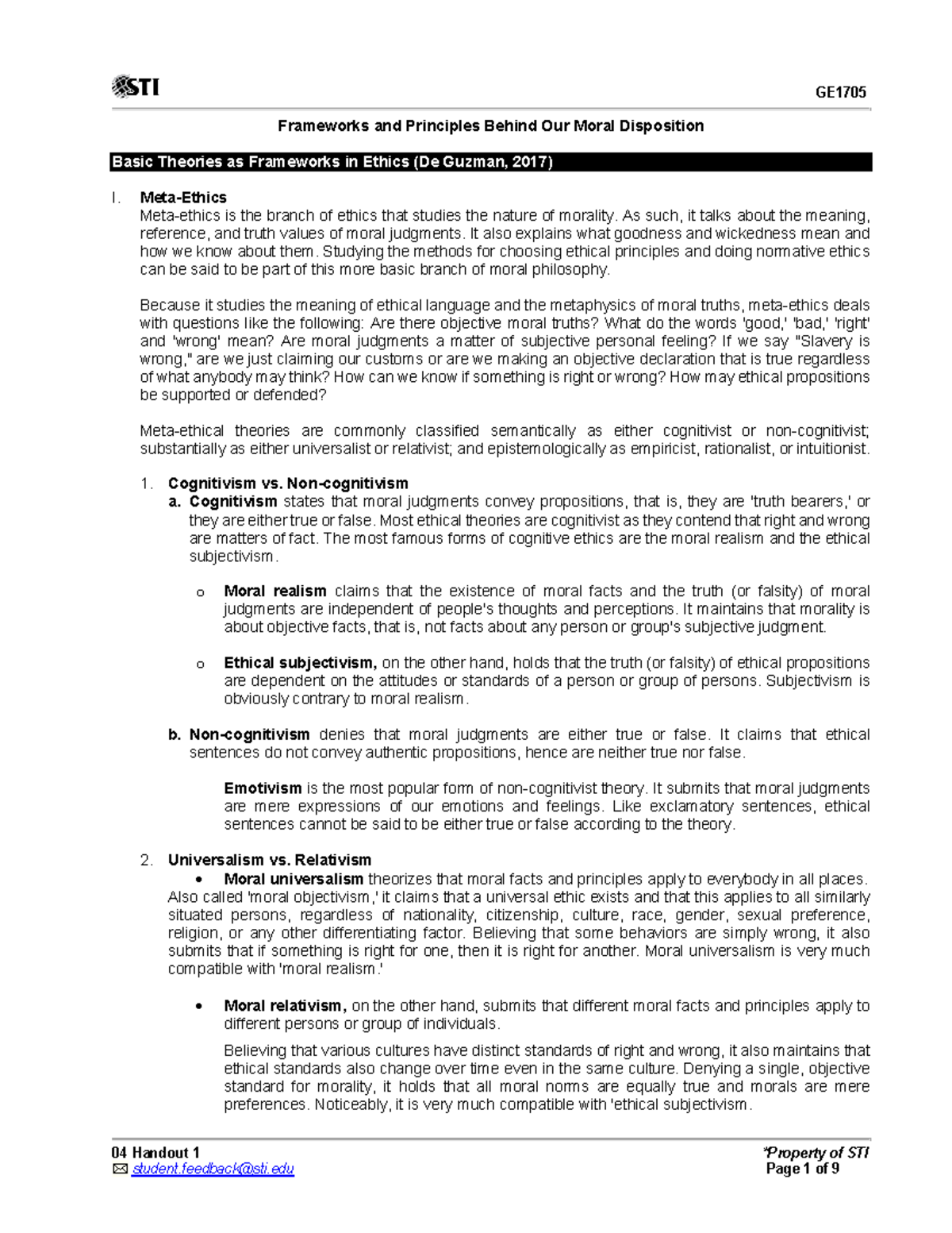04 Handout Ethics PHL 1B LESSON 4 - 04 Handout 1 *Property of STI Frameworks and Principles ...