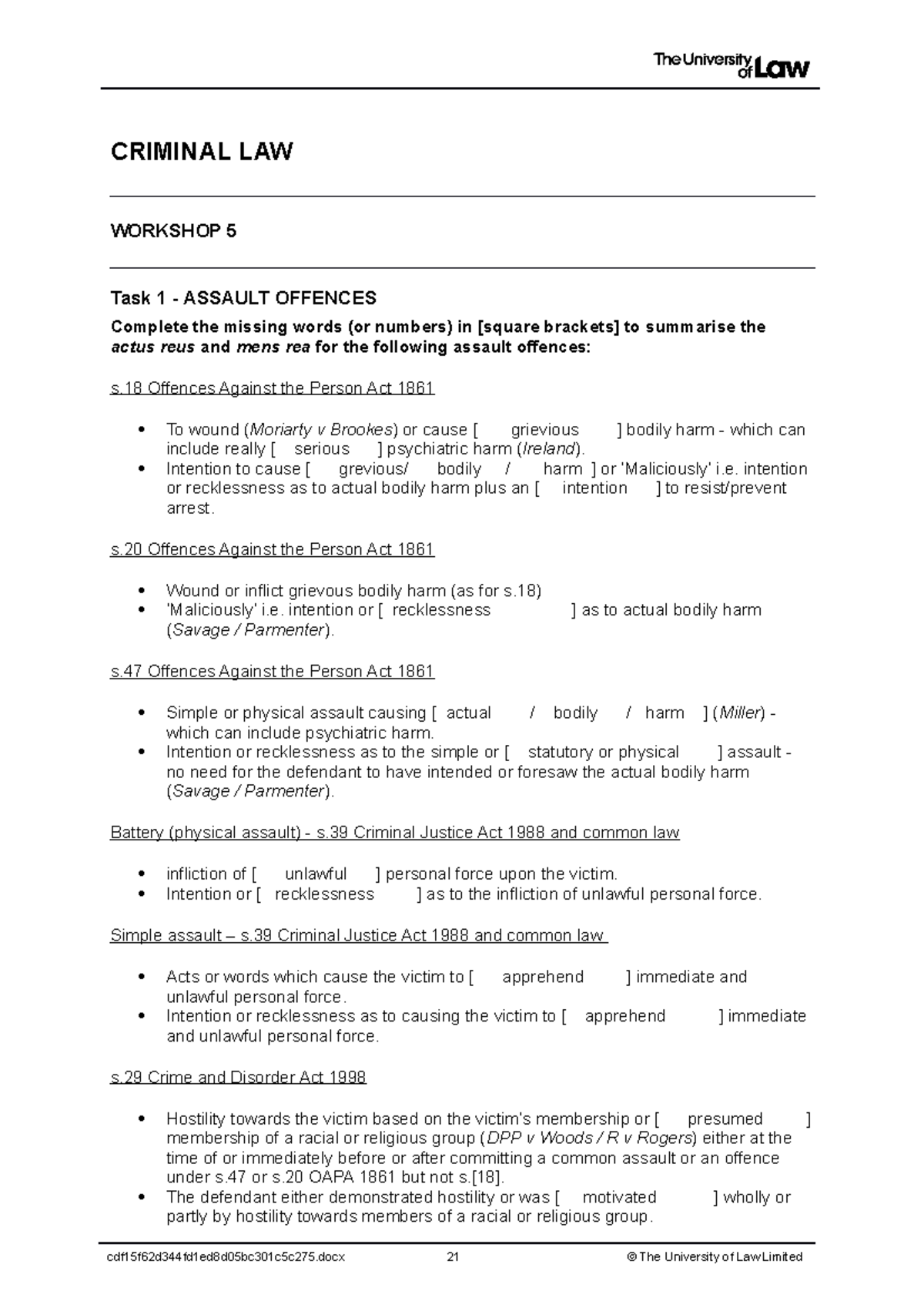 workshop one two three four five six seven - CRIMINAL LAW WORKSHOP 5 ...