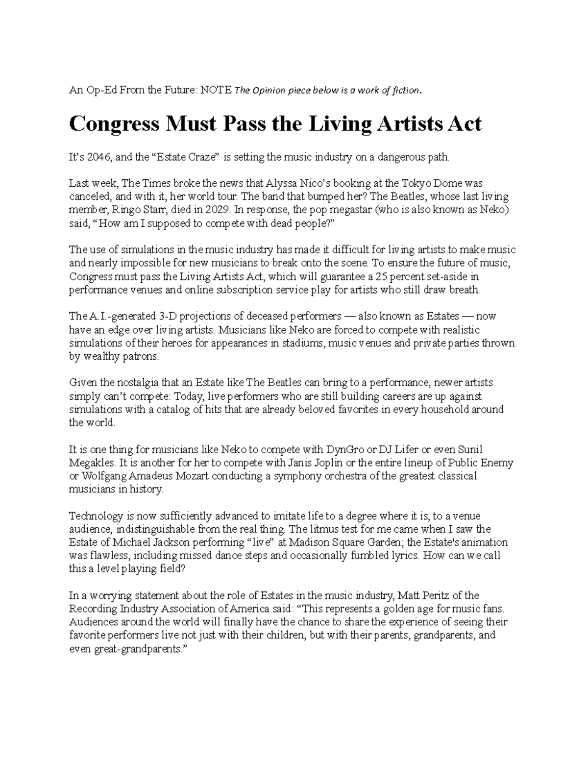 Op Ed From the Future - Essay work - An Op-Ed From the Future: NOTE The ...