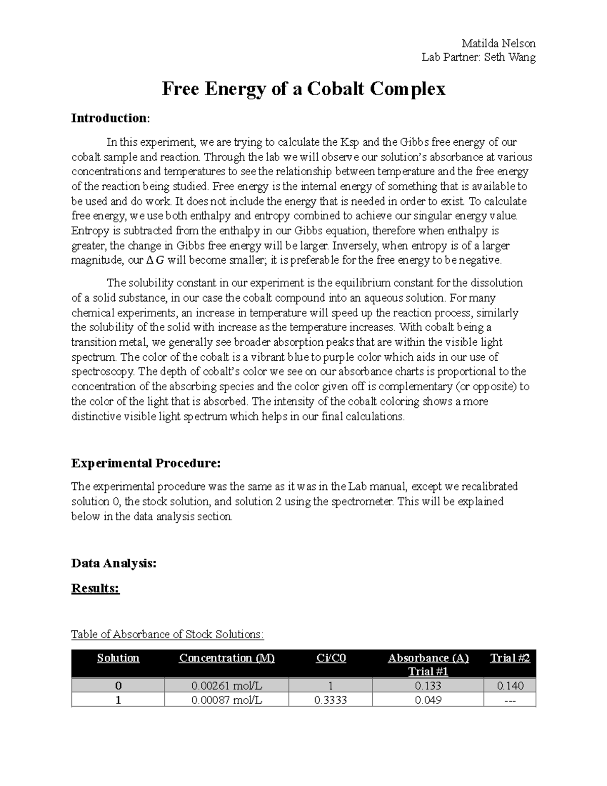 Lab 2 Matilda Nelson. Free Energy of a Cobalt Complex - Lab Partner ...