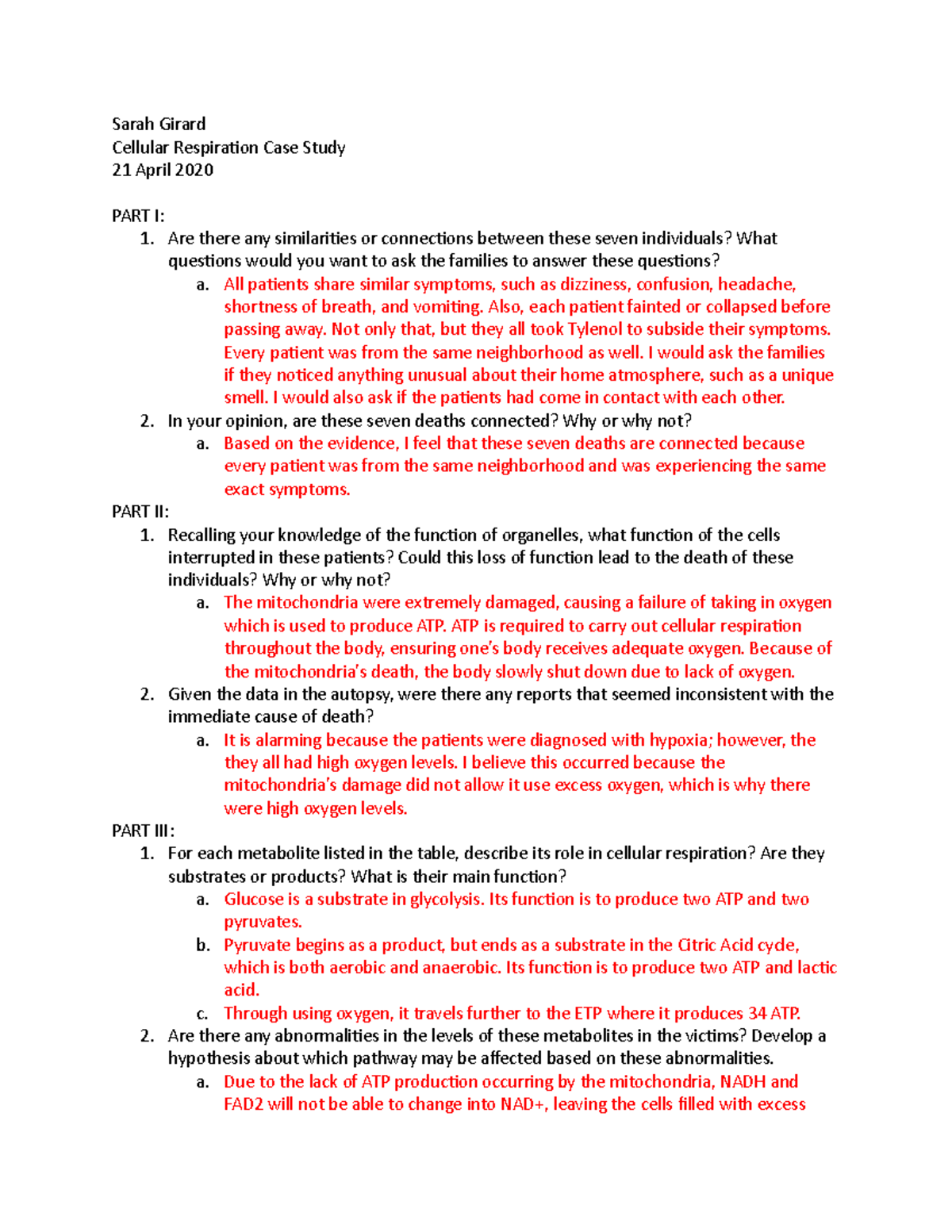 BIO 140 Cellular Respiration Case Study Sarah Girard Cellular