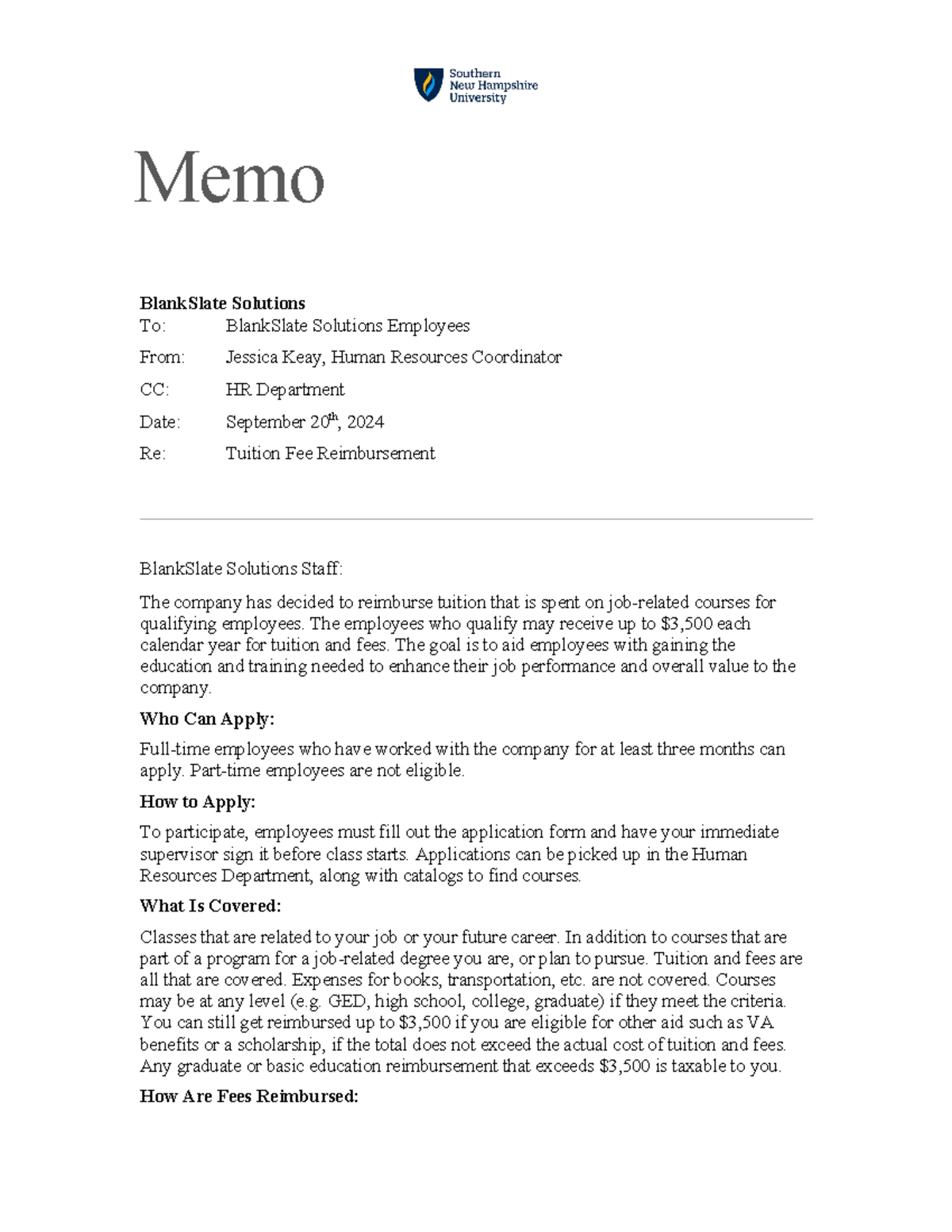 ENG 220 3-3 Short Paper-HR Policy Memo - Memo BlankSlate Solutions To ...