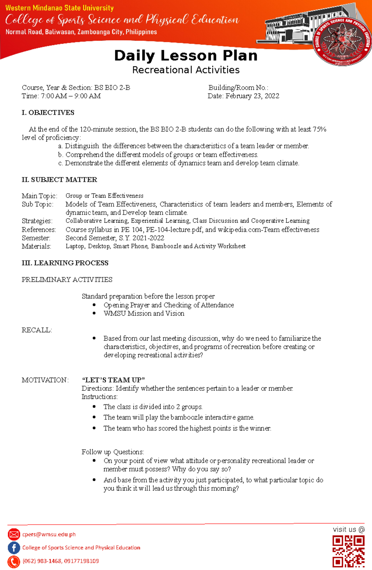 BS BIO team effectiveness and Characteristics of leader and member ...