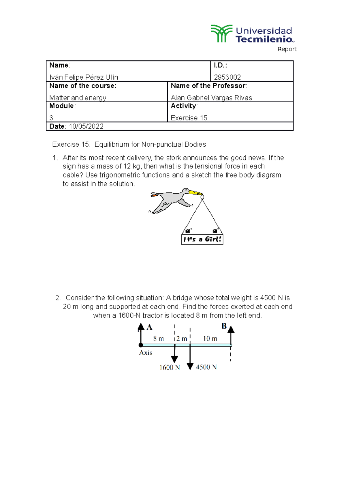 Exercise 15. Equilibrium for Non-punctual Bodies - Report Name : Iván ...