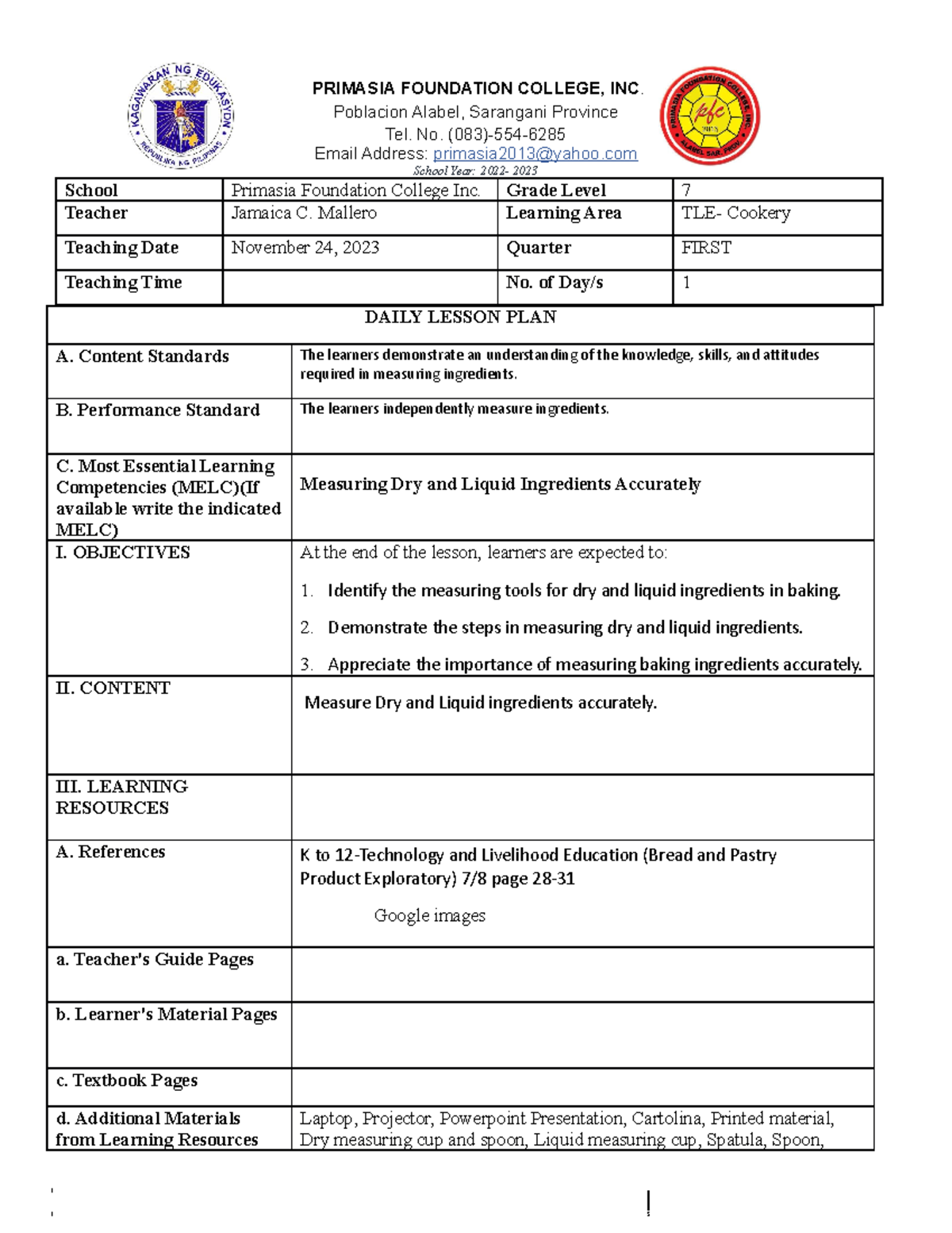 Lp Grd 7 Cookery Semi Detailed Primasia Foundation College Inc Poblacion Alabel