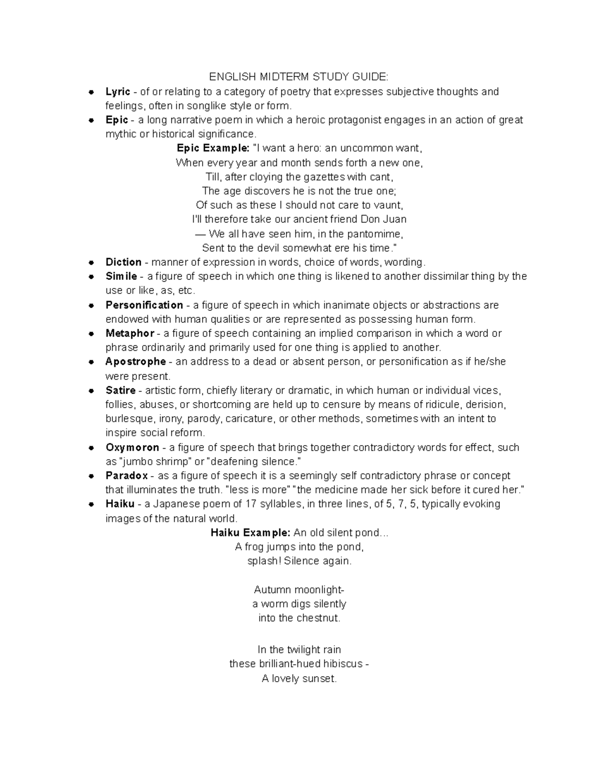 English Midterm Study Guide - ENGLISH MIDTERM STUDY GUIDE: Lyric - of ...