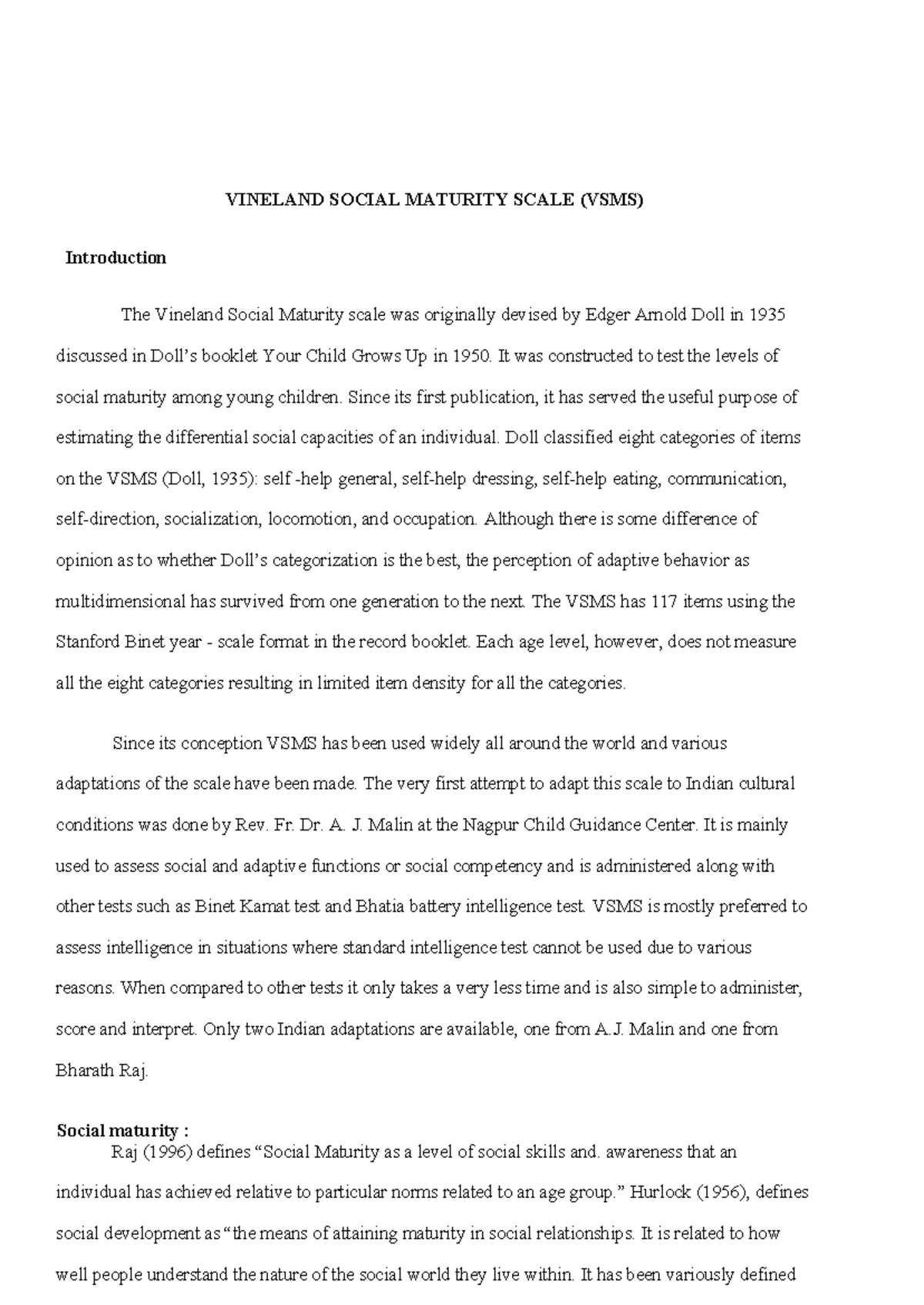 VSMS report - VINELAND SOCIAL MATURITY SCALE (VSMS) Introduction The ...