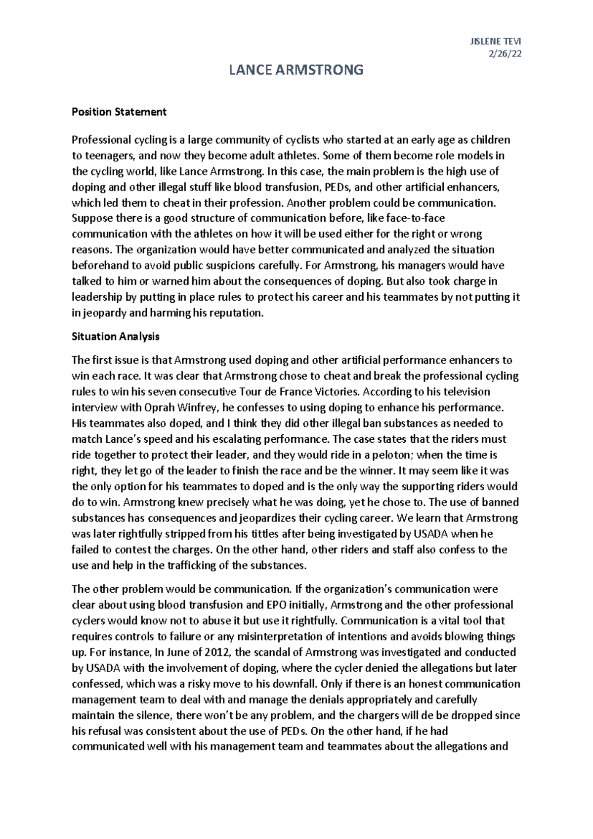 Wk09 Case Study Write Up-Lance Armstrong Jislene - 2/26/ LANCE ...